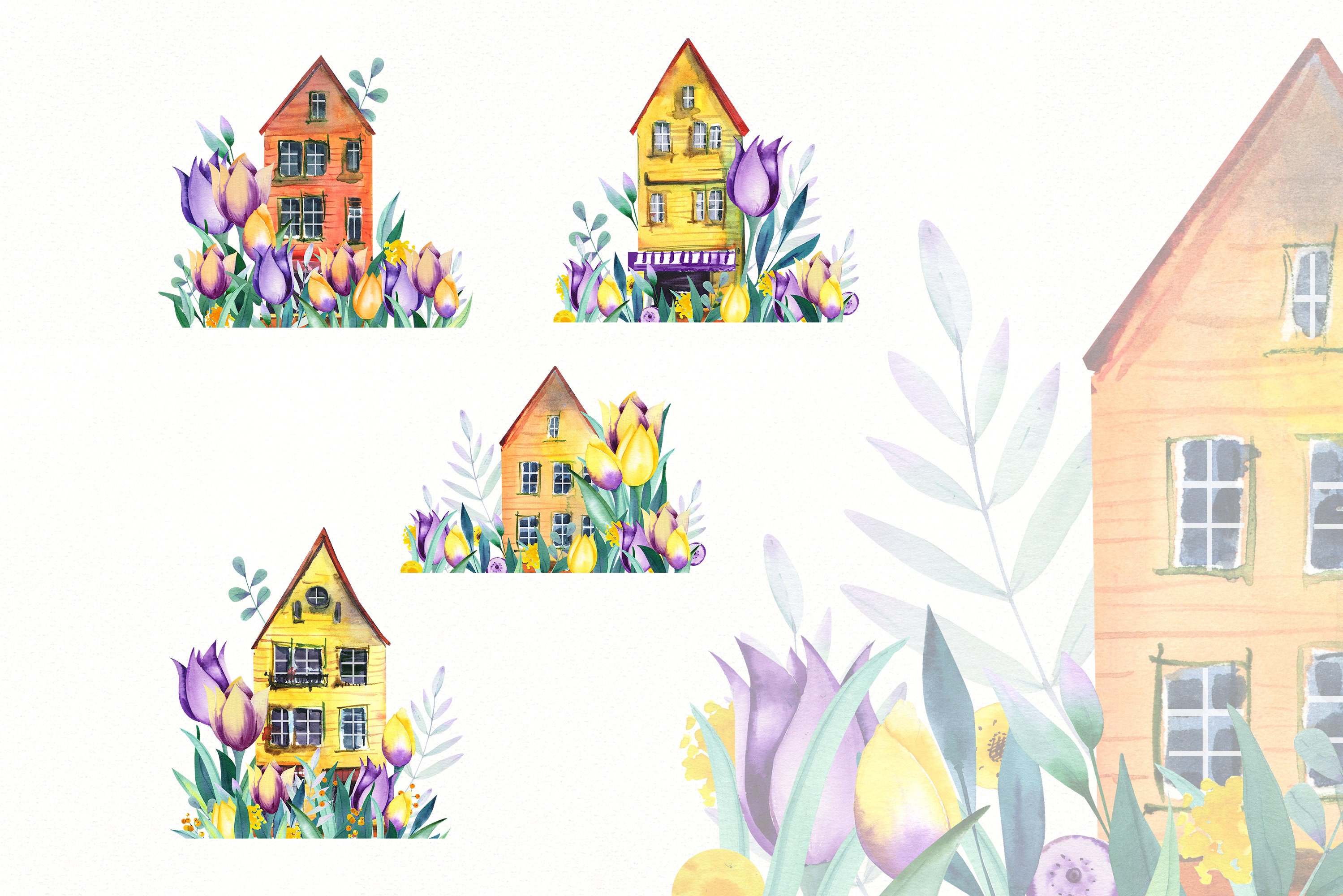 Spring Watercolor House Clipart, Tulips, Easter (PNG Files) - Etsy