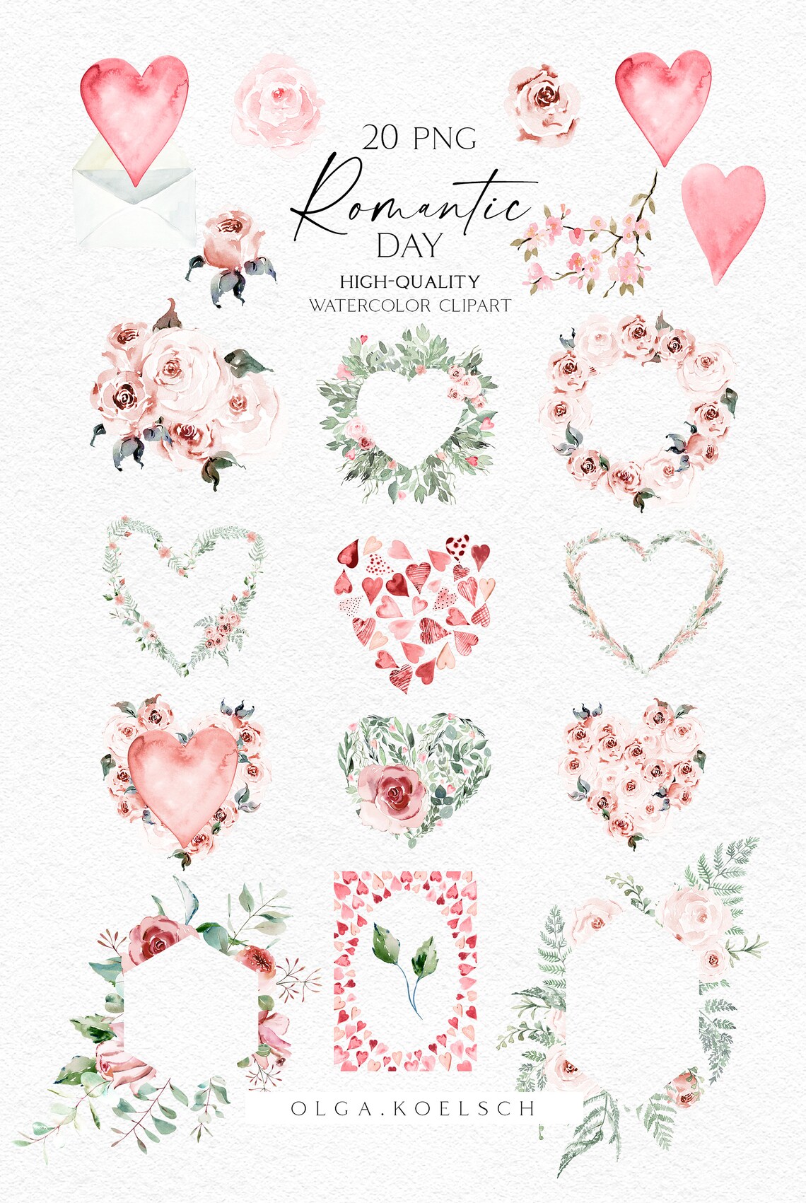 Watercolor Valentine Clipart Pink Floral Heart Png Pink | Etsy