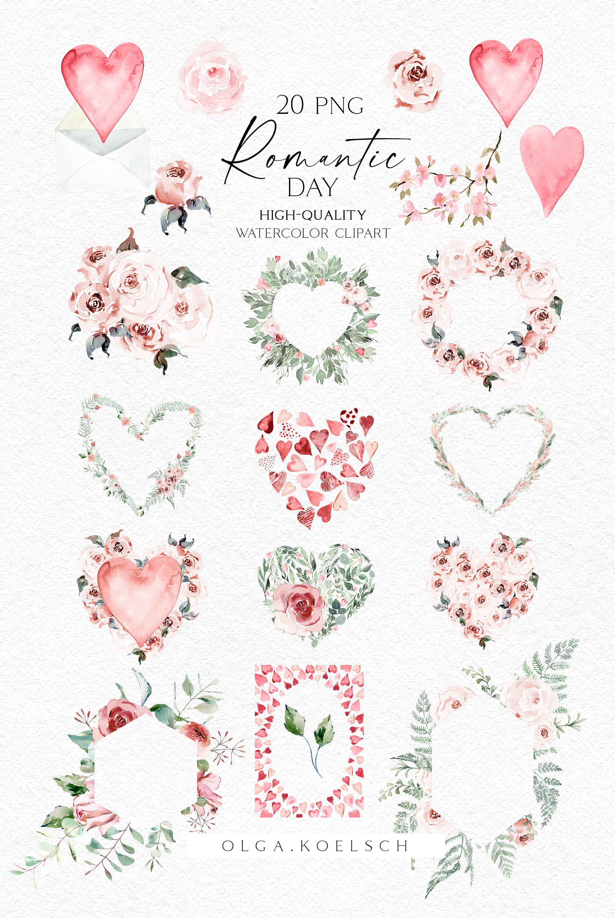 Watercolor Valentine Clipart, Pink Floral Heart Png, Pink Roses Borders ...