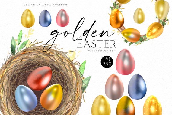 Golden Easter Egg Clipart Watercolor Easter Hand-painted Nest | Etsy