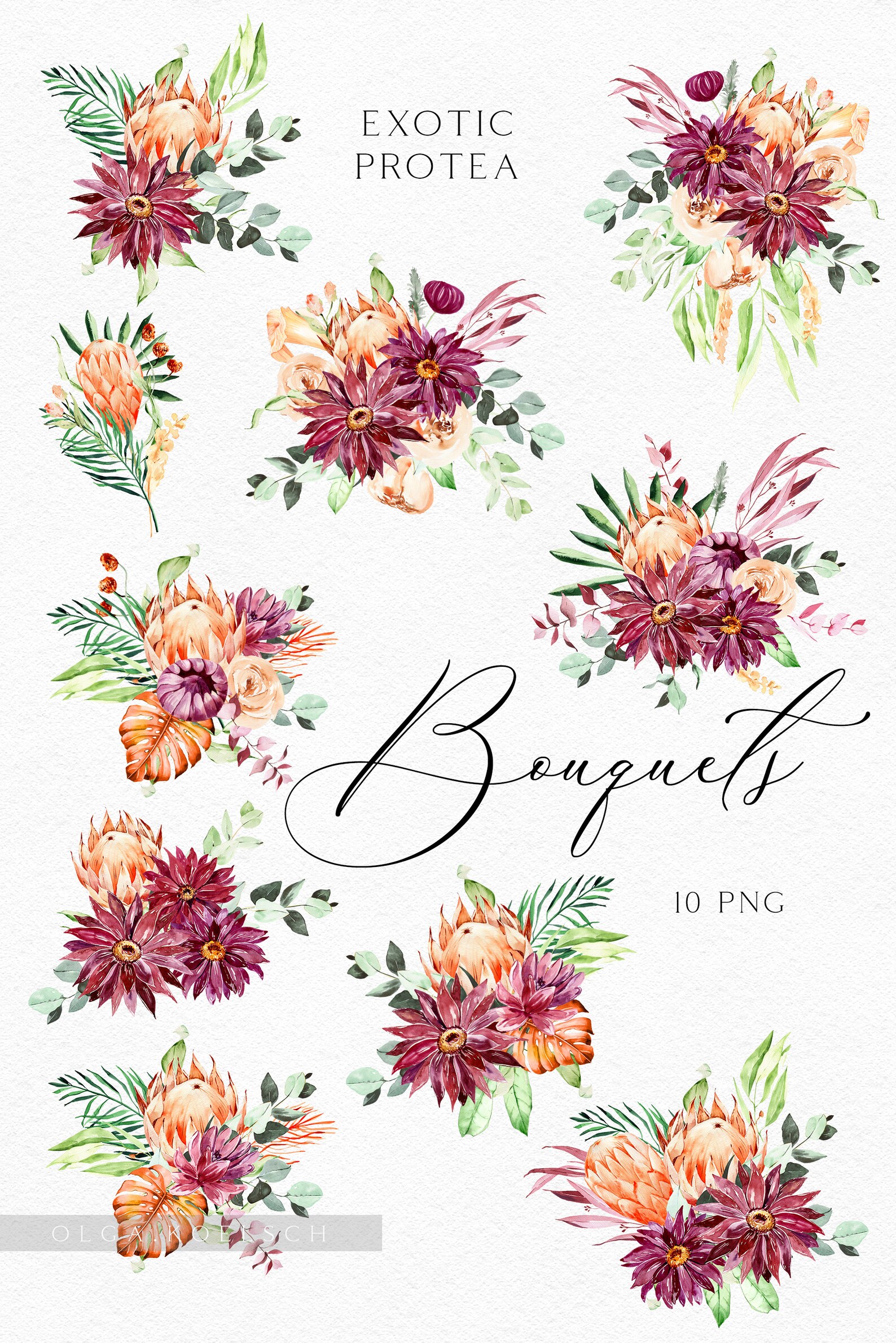 Watercolor Burgundy Flowers Clipart. Tropical Floral Bouquet Png ...