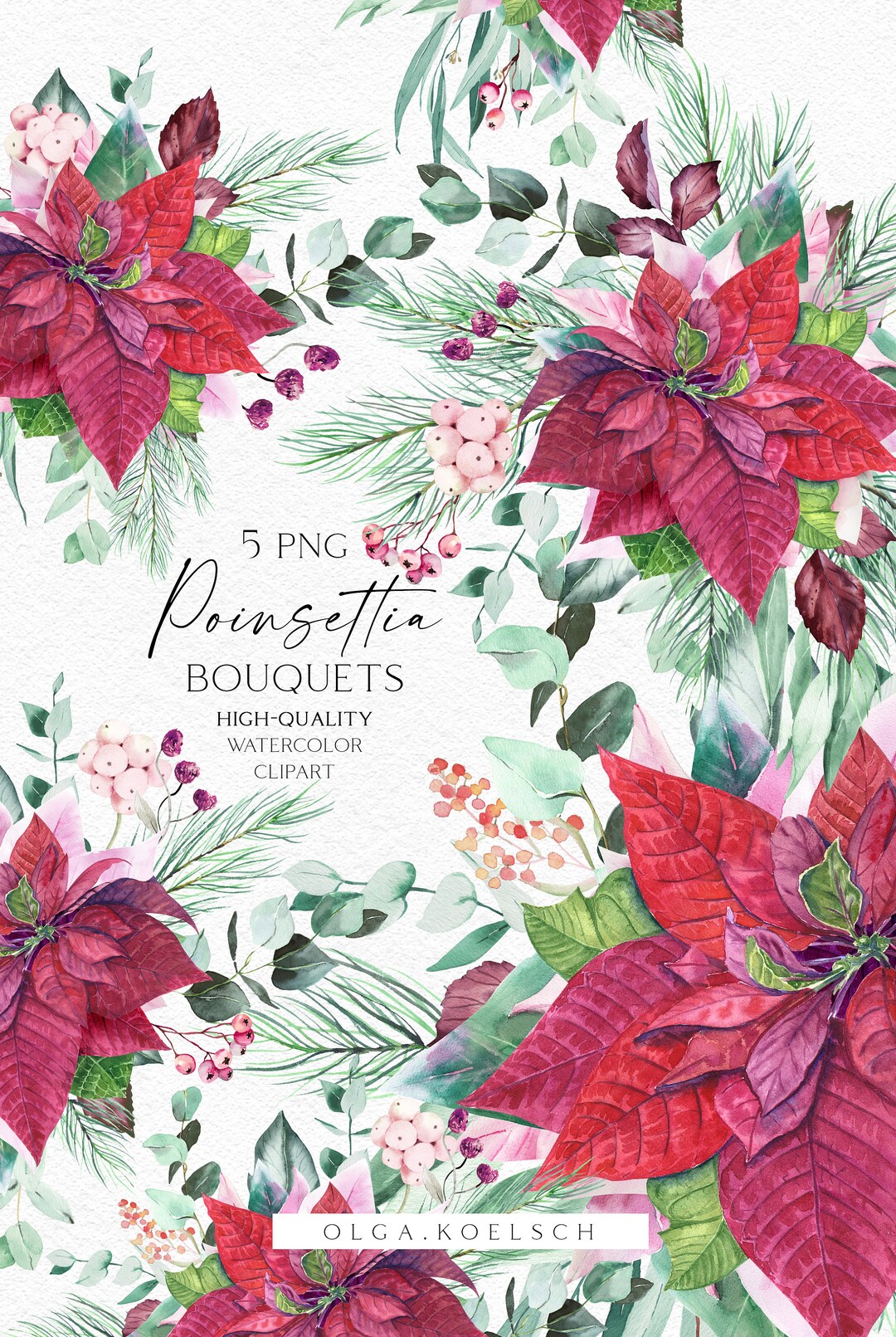 Watercolor Red Poinsettia Bouquet Clipart, Red Christmas Floral Clipart ...