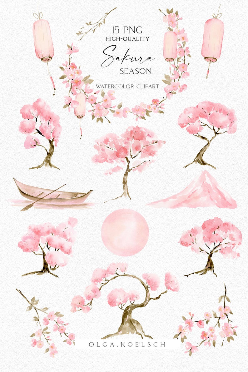 Cherry Blossom Clipart. Watercolor Sakura Blossom Tree Png | Etsy