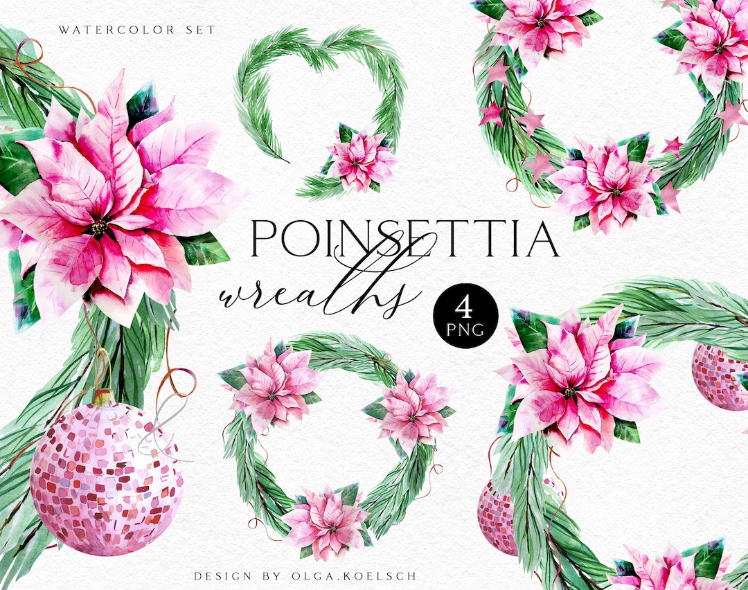 Christmas Wreath Clipart, Watercolor Pink Flower Poinsettia Digital ...