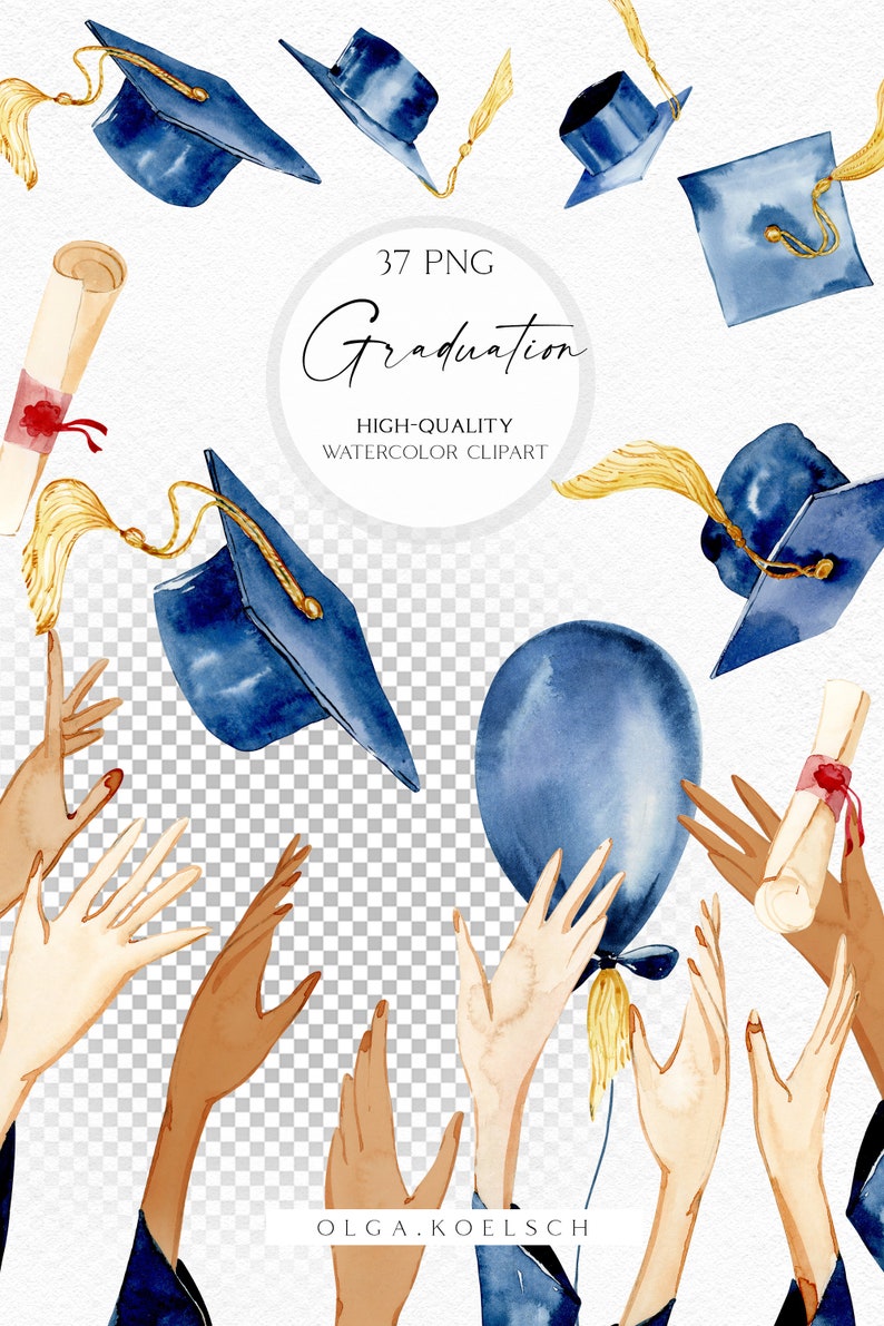 Graduation Clipart, Watercolor Graduation Clip Art. Grad Cap, Diploma ...