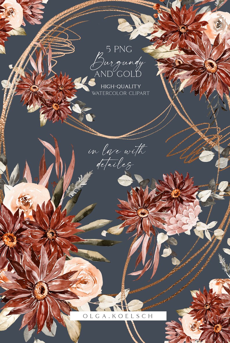 Boho Burgundy Floral Frame Clipart, Gold Flower Frame Png, Burgundy and ...