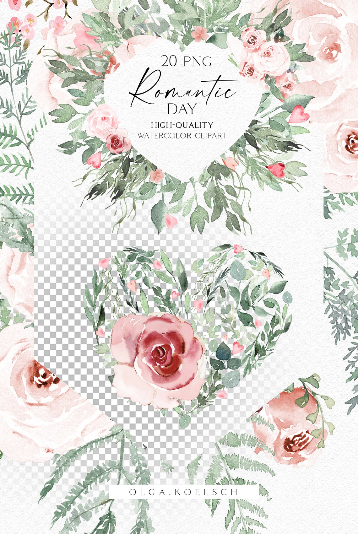 Watercolor Valentine Clipart Pink Floral Heart Png Pink | Etsy