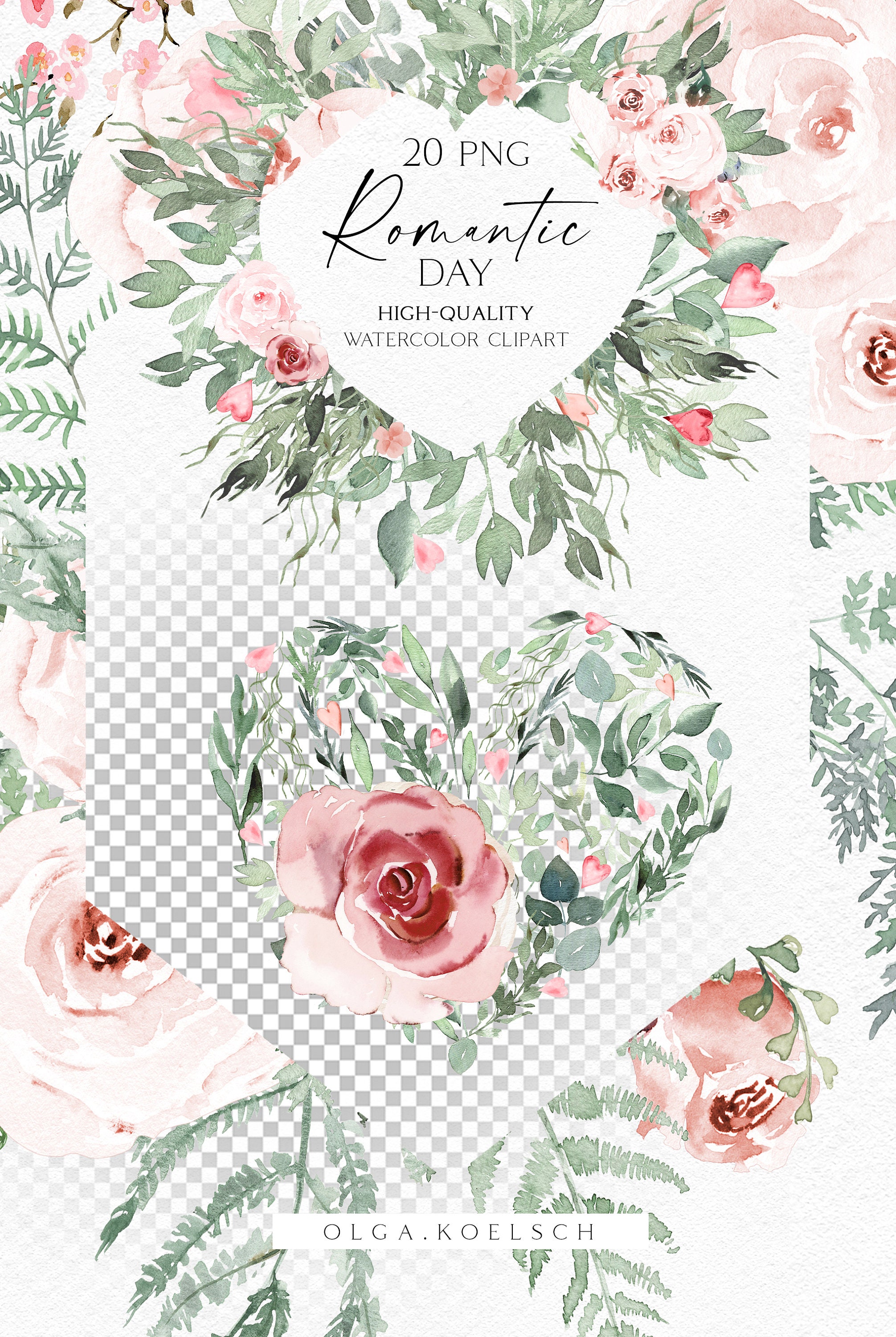 Watercolor Valentine Clipart Pink Floral Heart Png Pink | Etsy