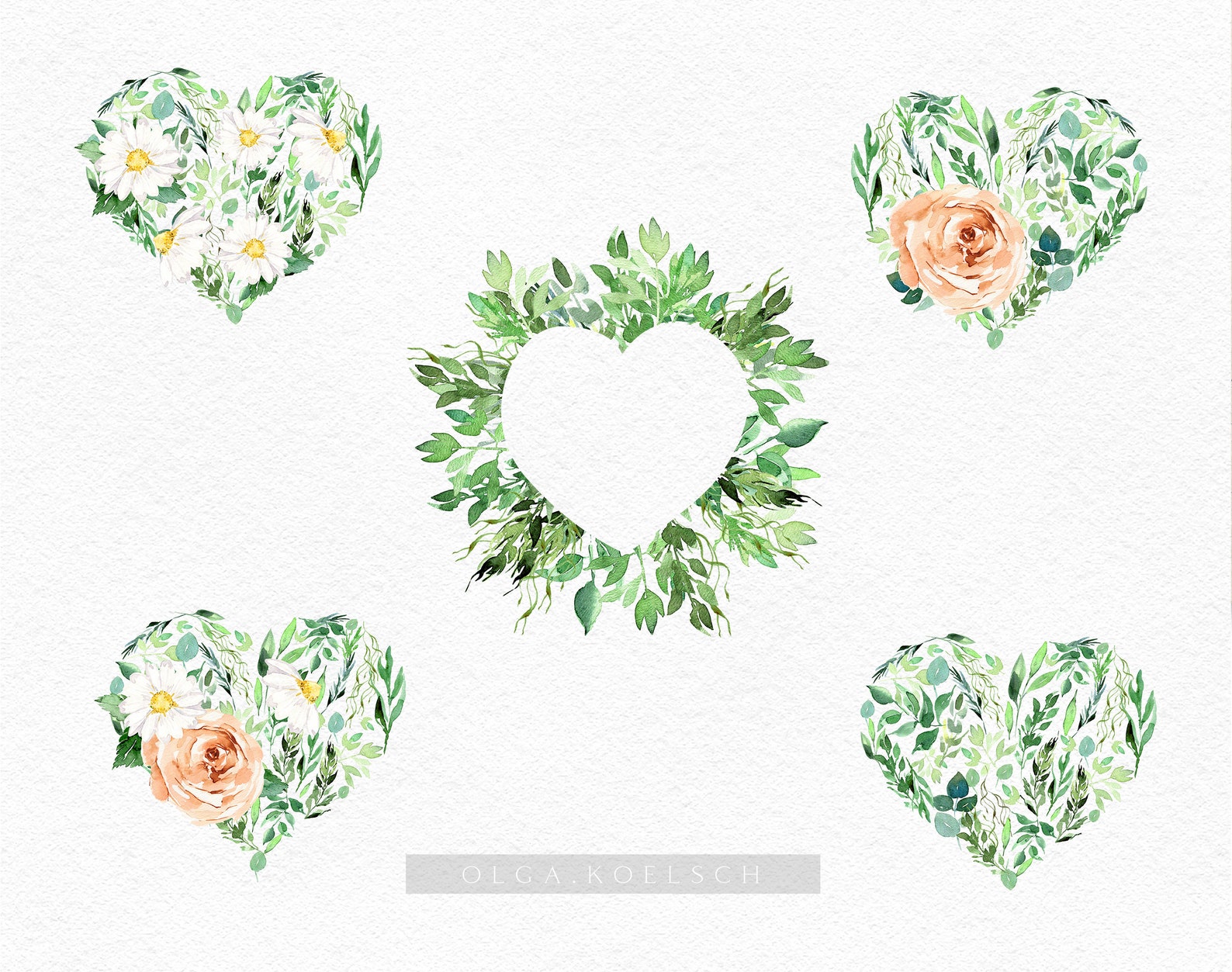 Watercolor Green Heart Clipart Valentine Clipart Floral - Etsy
