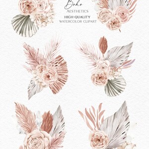 Watercolor Boho Dried Flower Clipart, Palm Boho Roses Bouquets Png ...