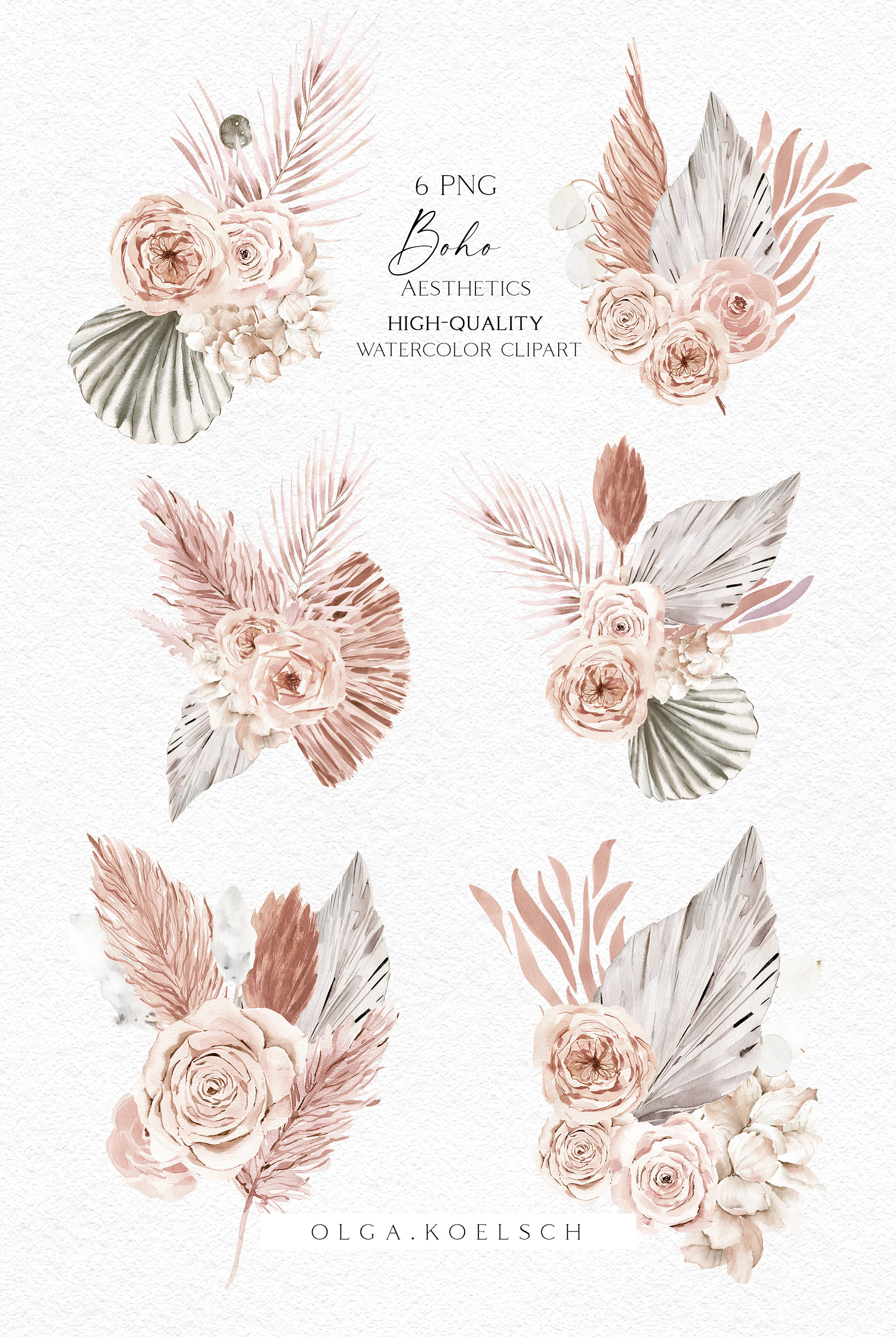 Watercolor Boho Dried Flower Clipart Palm Boho Roses Bouquets - Etsy Norway