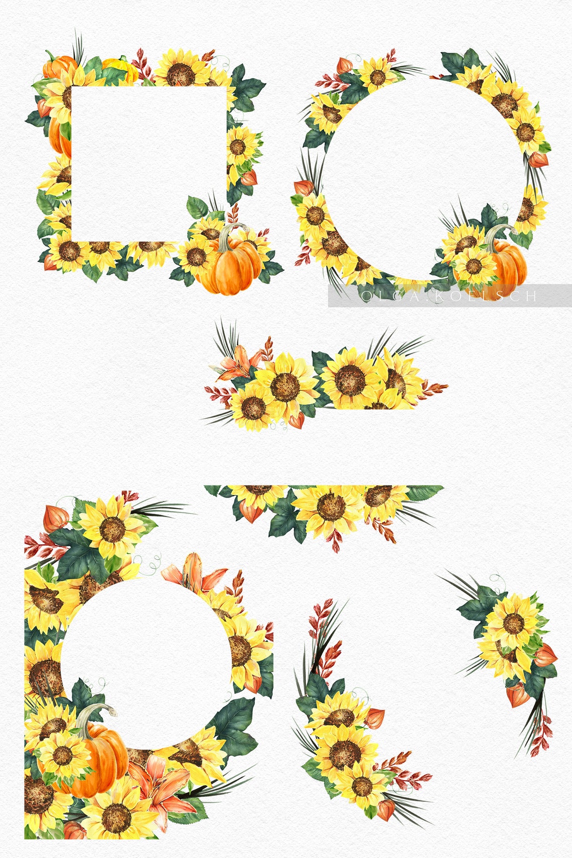 Watercolor Sunflower Frame Clipart Fall Pumpkin Png Boho - Etsy