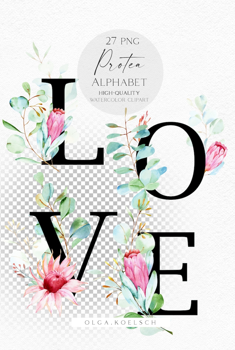 Tropical Pink Wedding Alphabet Clipart Watercolor Protea - Etsy