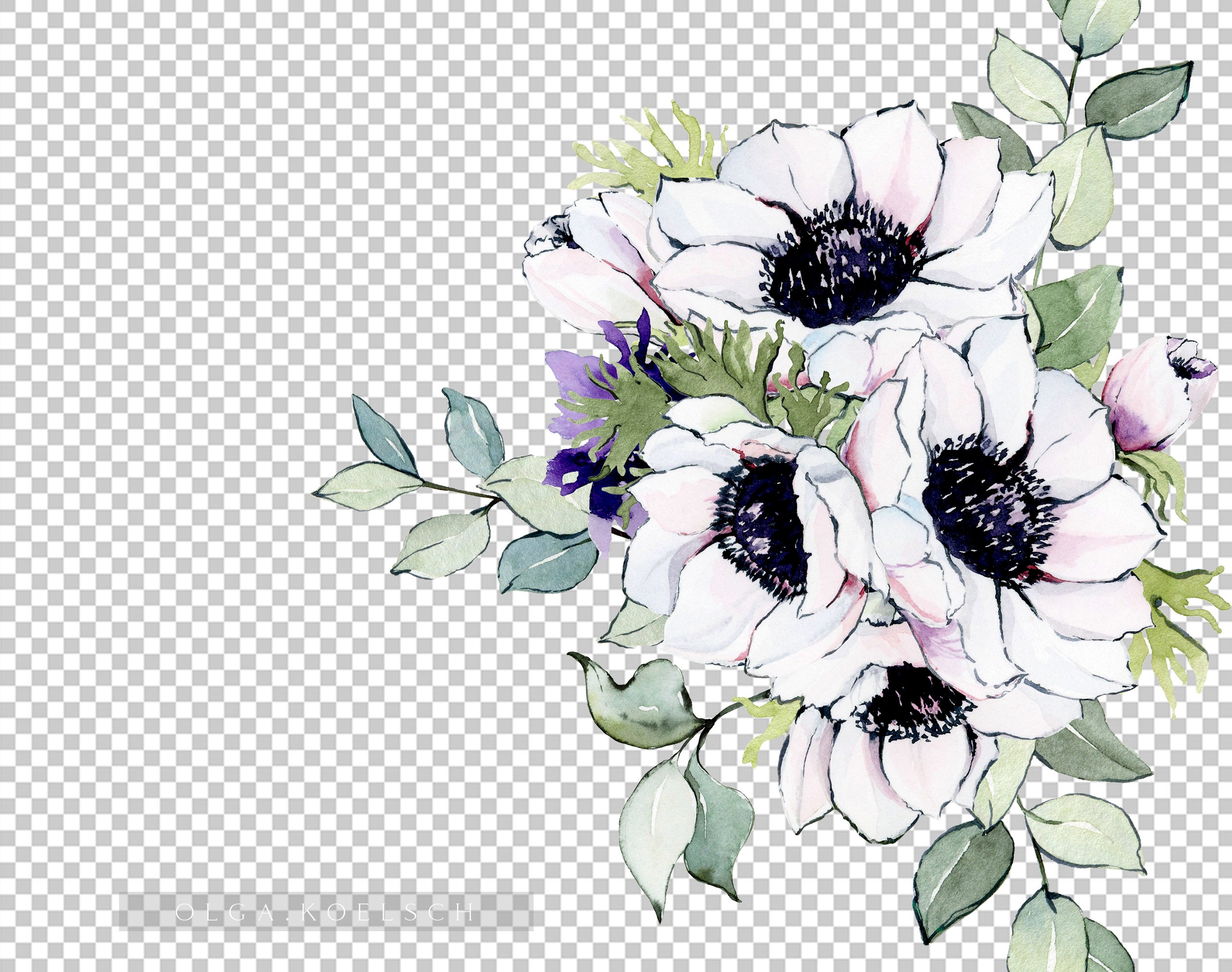 Watercolor White Floral Frame Clipart, Eucalyptus Wreath With Anemone ...