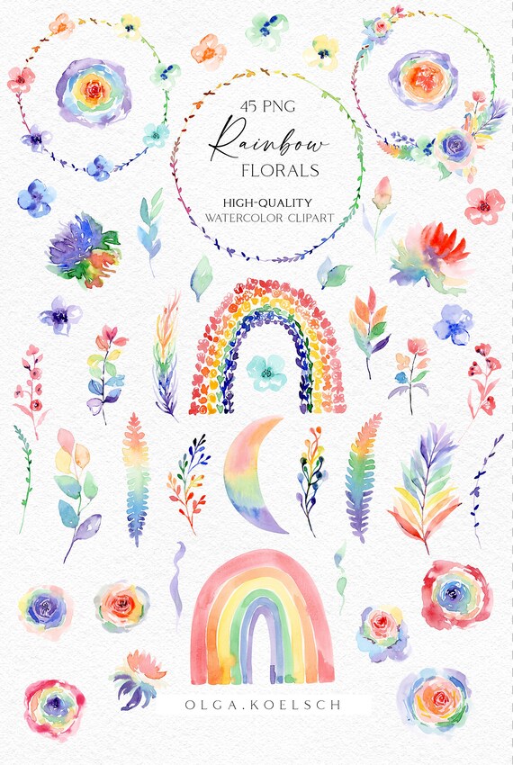 Boho Rainbow Roses Clipart Bright Floral Elements Rainbow | Etsy