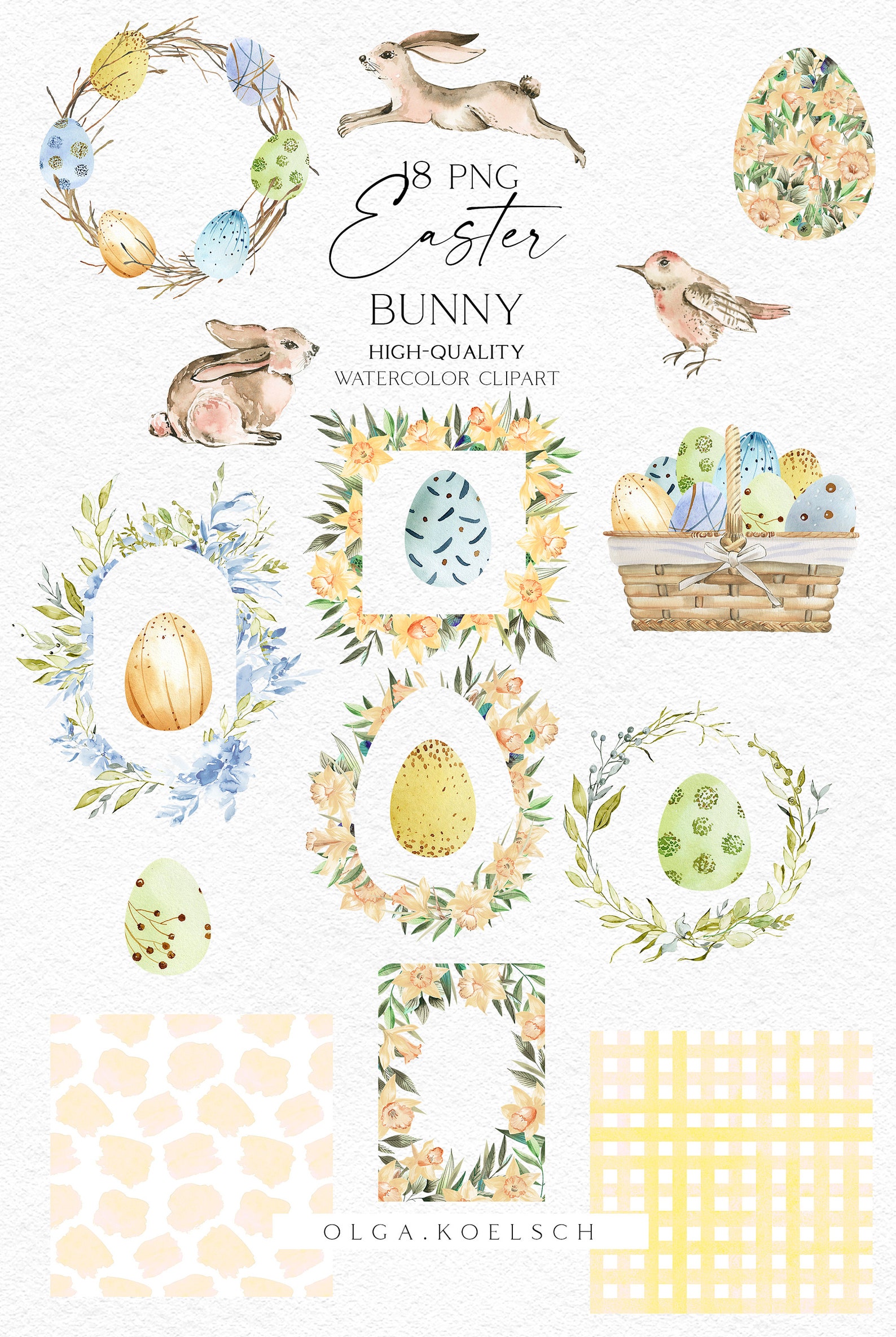 Watercolor Easter Bunny Clipart, Easter Egg Clipart, Easter Wreath Png ...