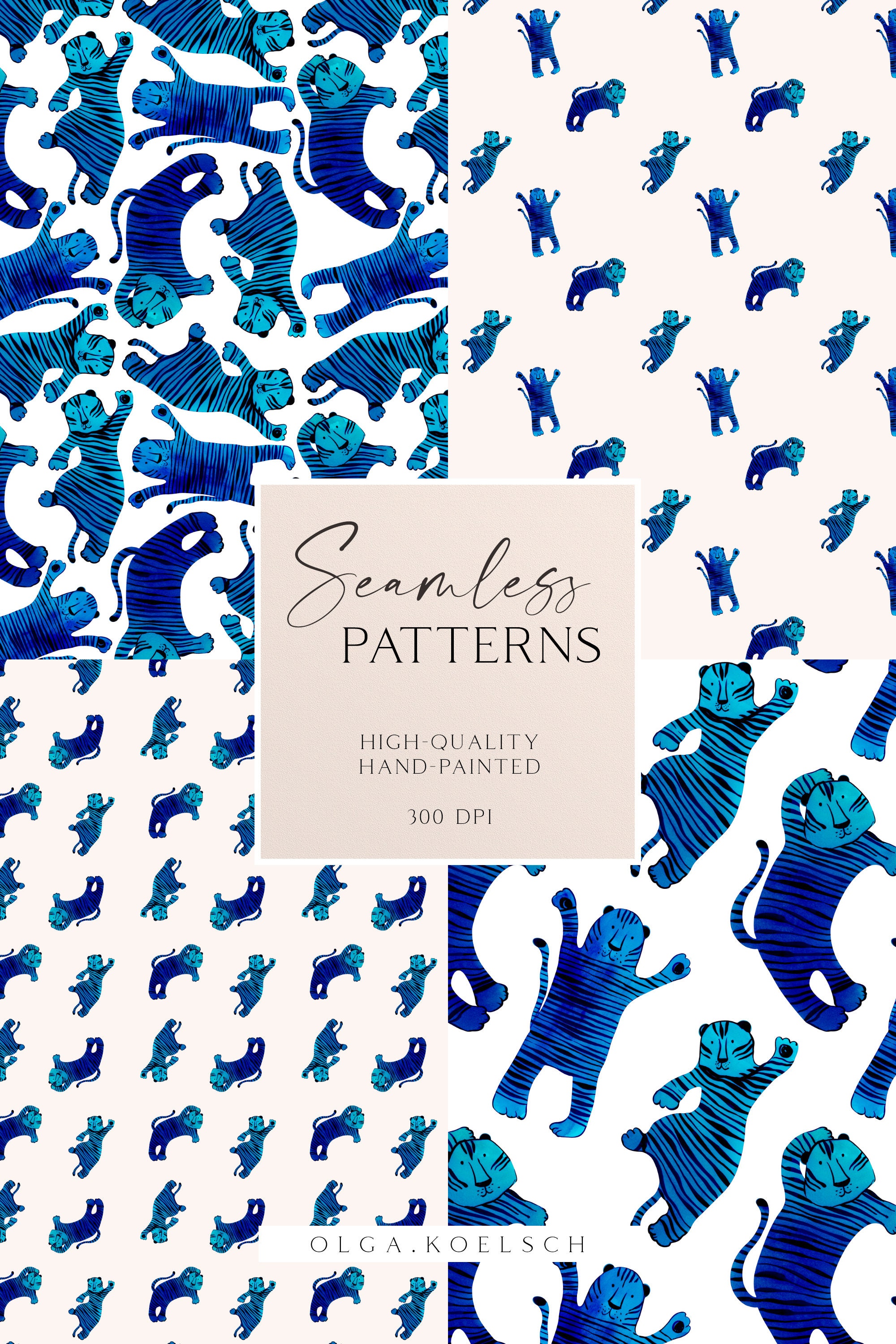 Blue tiger digital paper. Watercolor tigers seamless pattern | Etsy