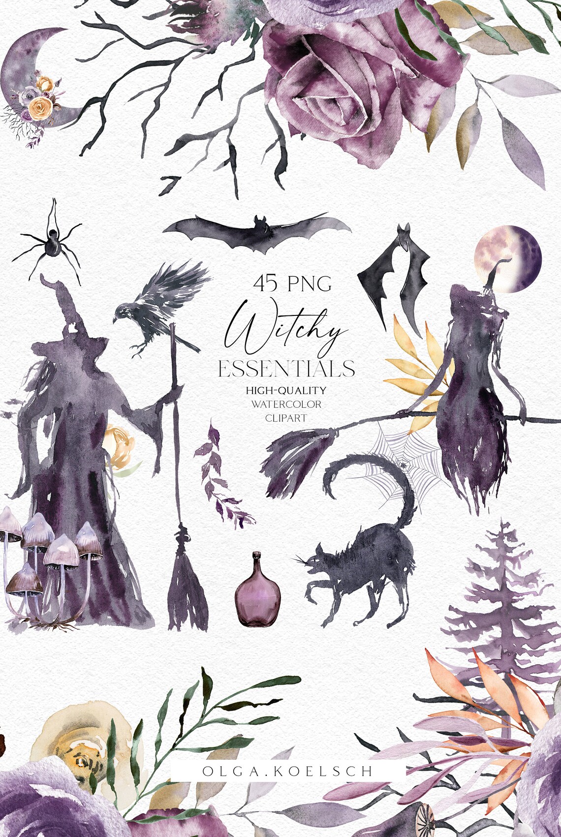 Halloween Witch Clipart Black Cat Png Printable Bundle - Etsy