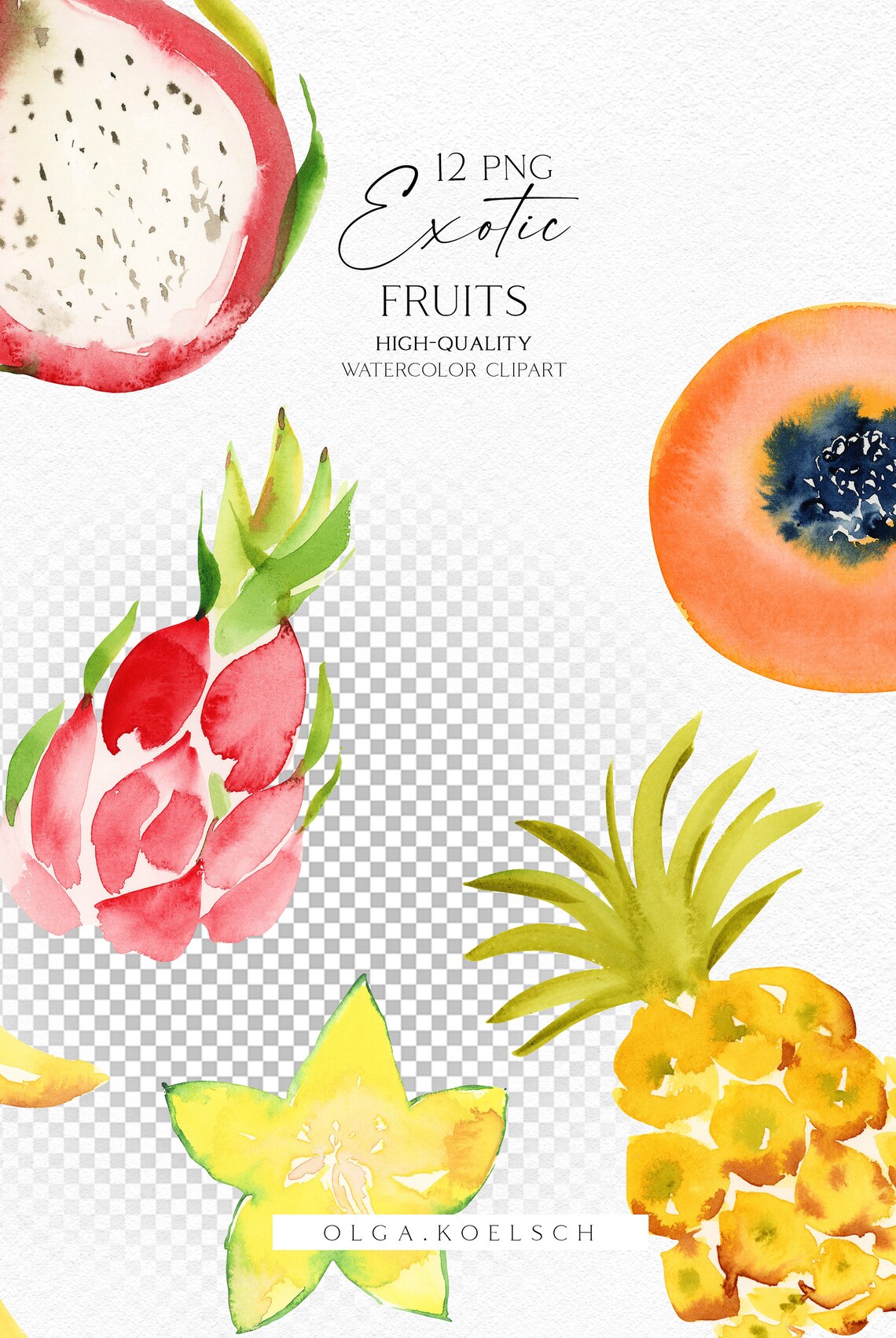 Watercolor Fruit Clipart Exotic Tropical Fruits Png Fro - Etsy