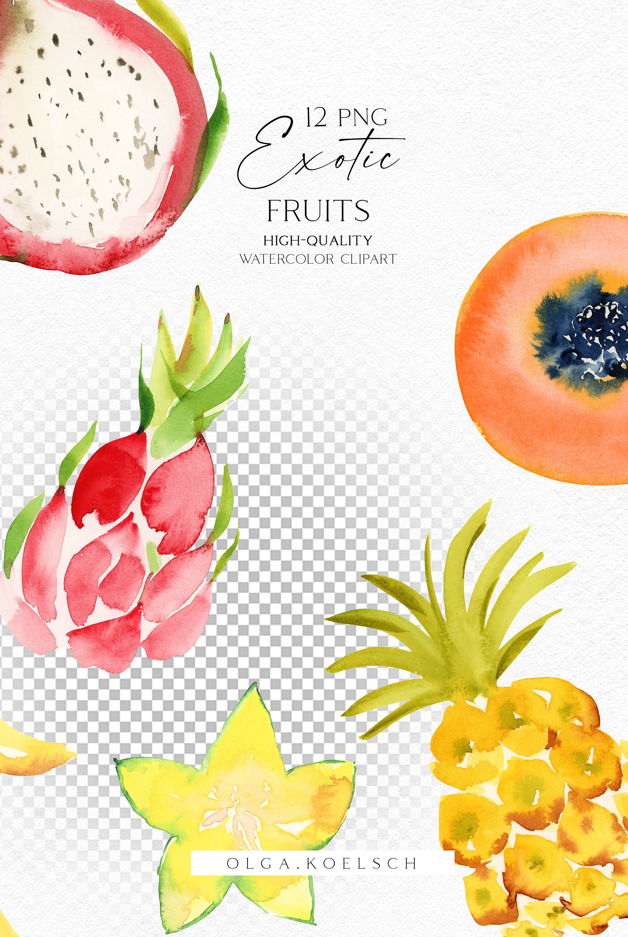 Watercolor Fruit Clipart Exotic Tropical Fruits Png Fro - Etsy