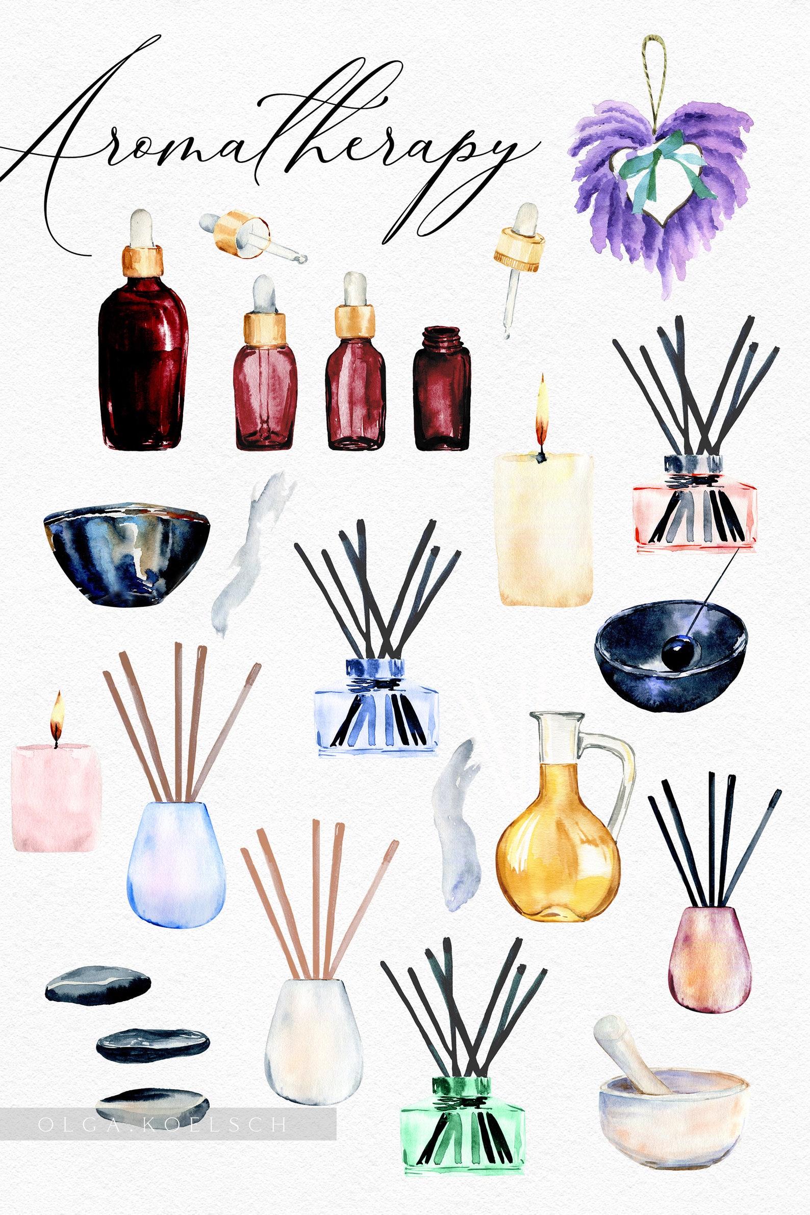 Watercolor Essential Oil Clipart, Bottles and Herbs Clipart for Self ...