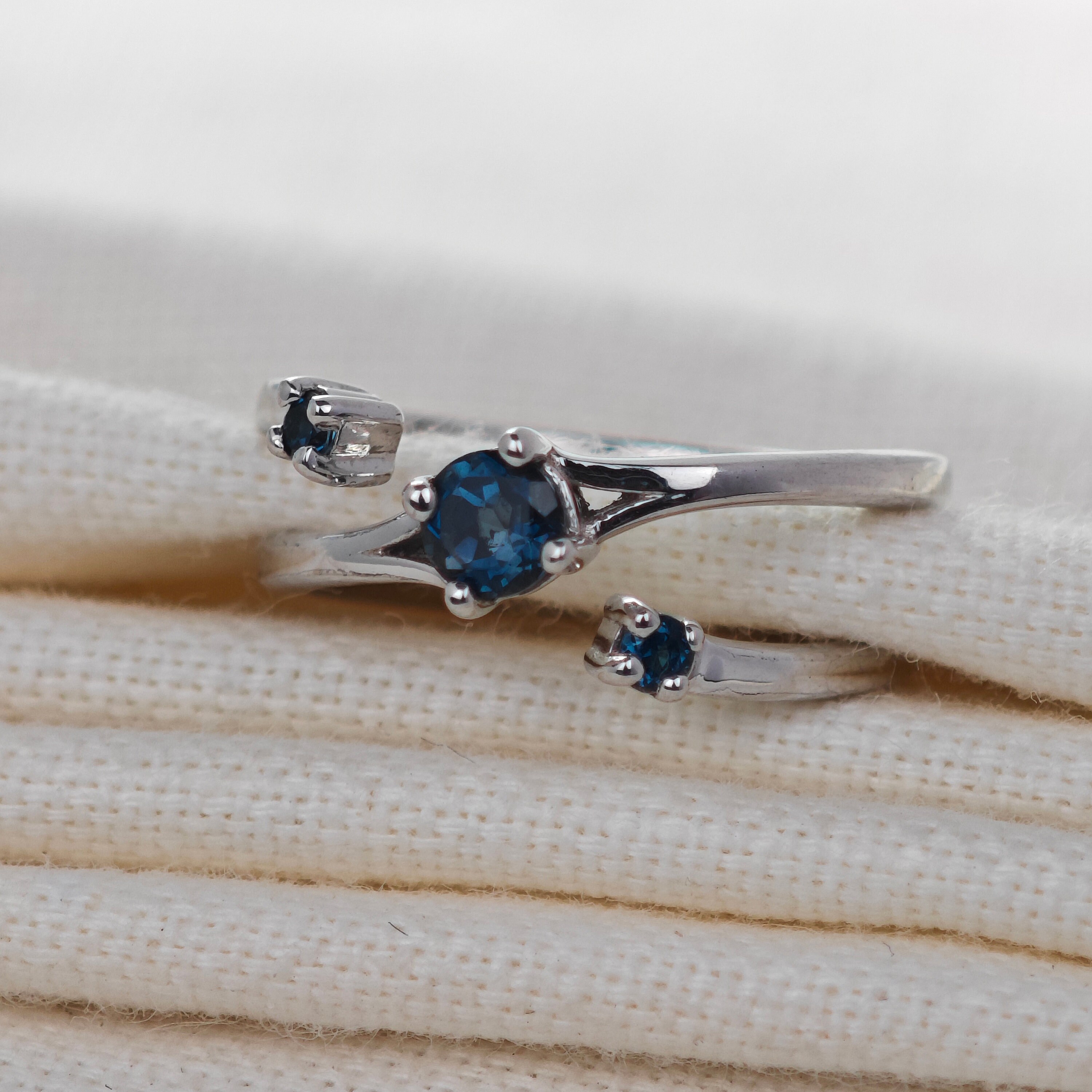 Sterling Silver Adjustable Ring, Size J-S, Trilogy, London Blue Topaz ...