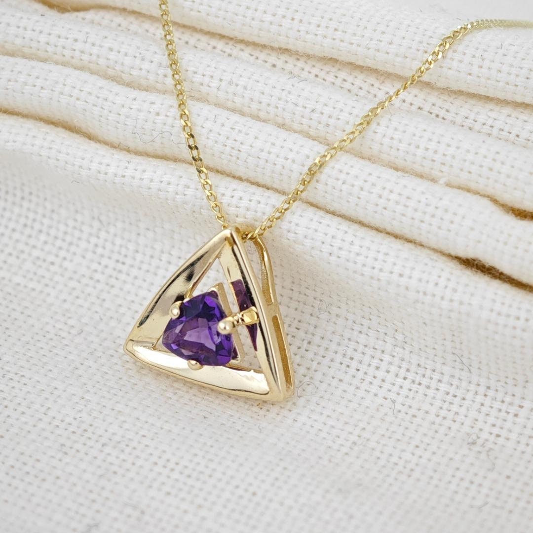 9ct Gold Triangle Amethyst Necklace, Natural Purple Trilliant Gemstone ...