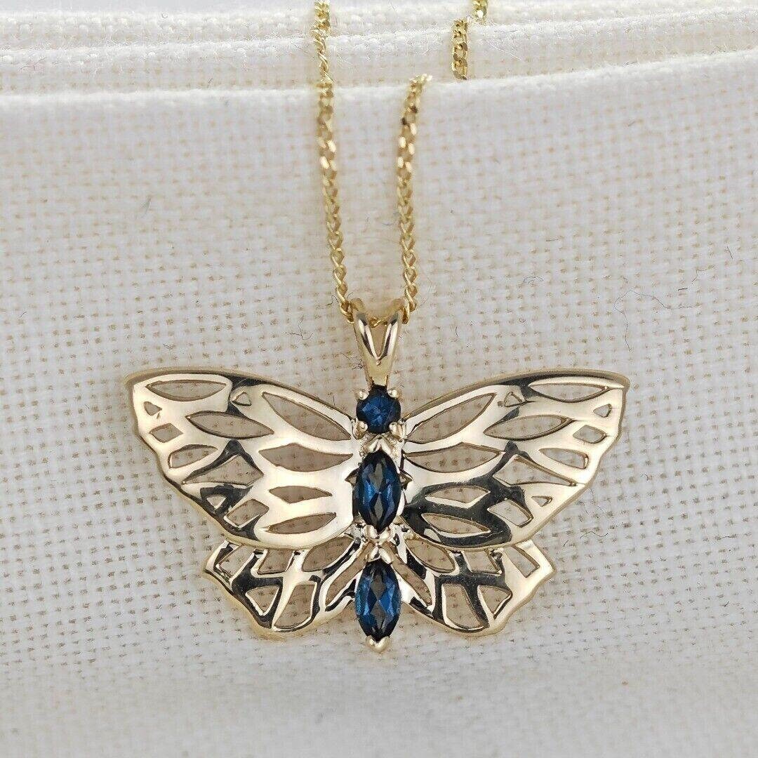 9ct Butterfly Pendant Yellow Gold London Blue Topaz Treated Hallmarked ...