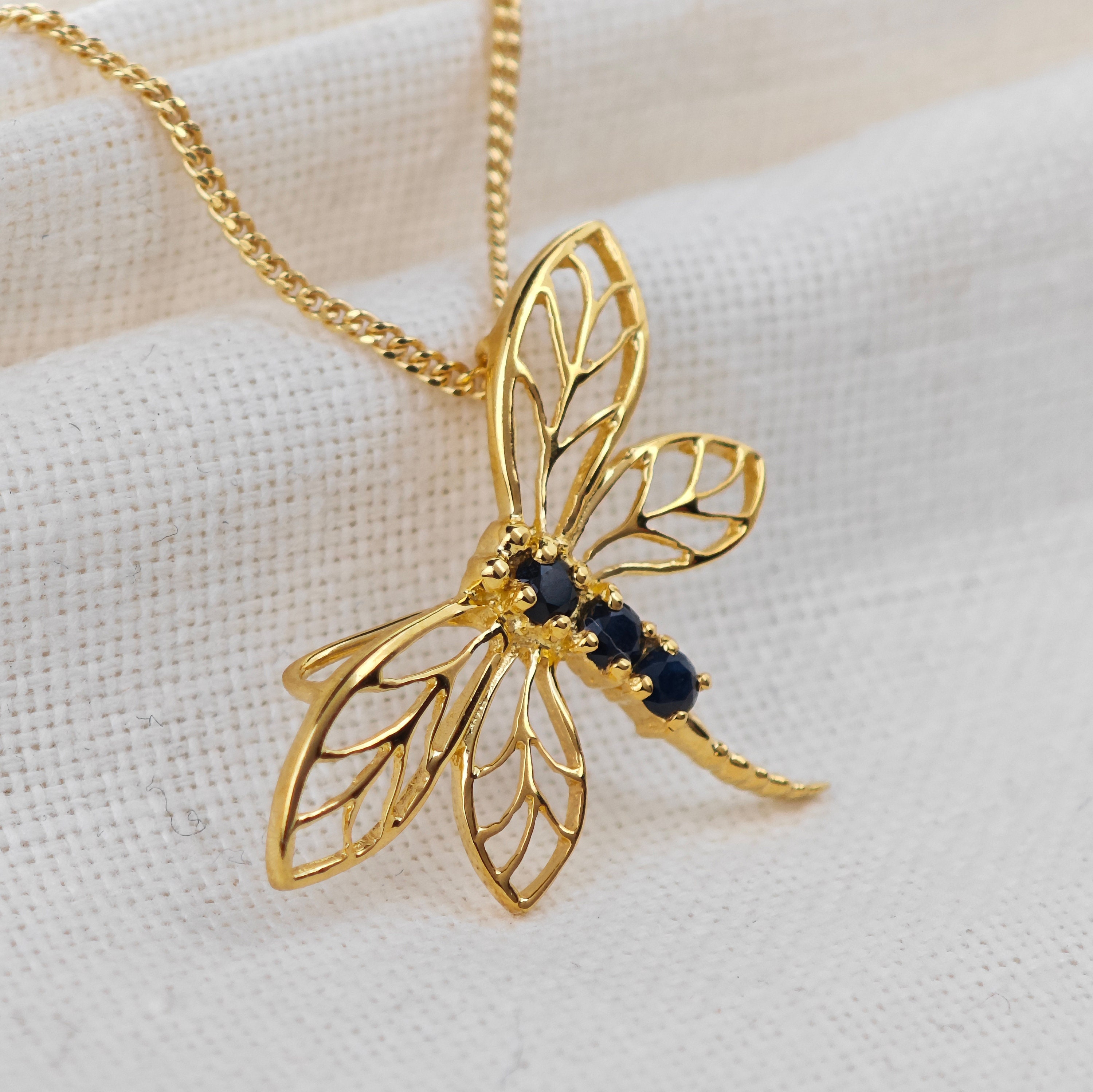 Silver Necklace Gold Plate Sapphire Blue 0.3ct Dragonfly 18 Chain Ojewellery