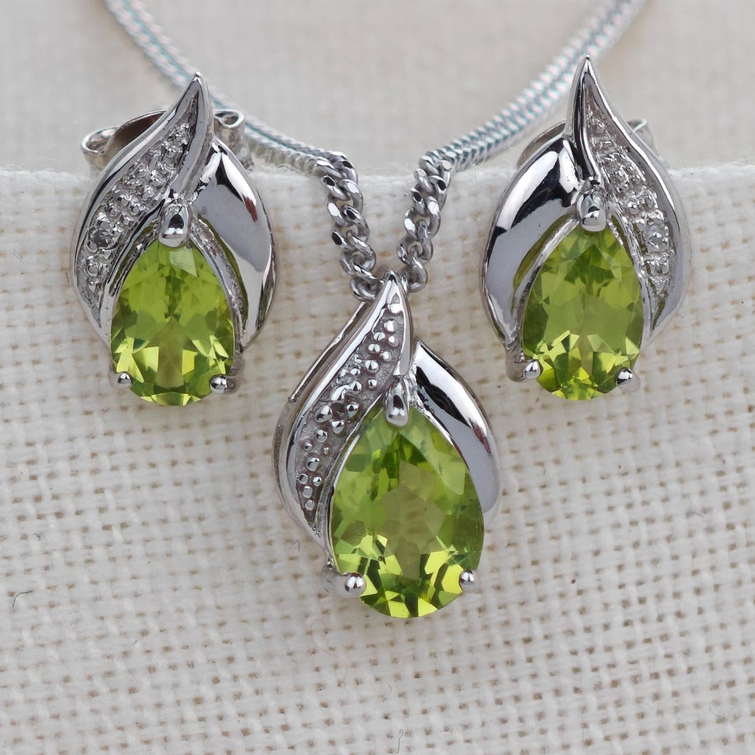 Peridot Necklace Earring Set Diamond 1.9ct Green Pear Silver August ...