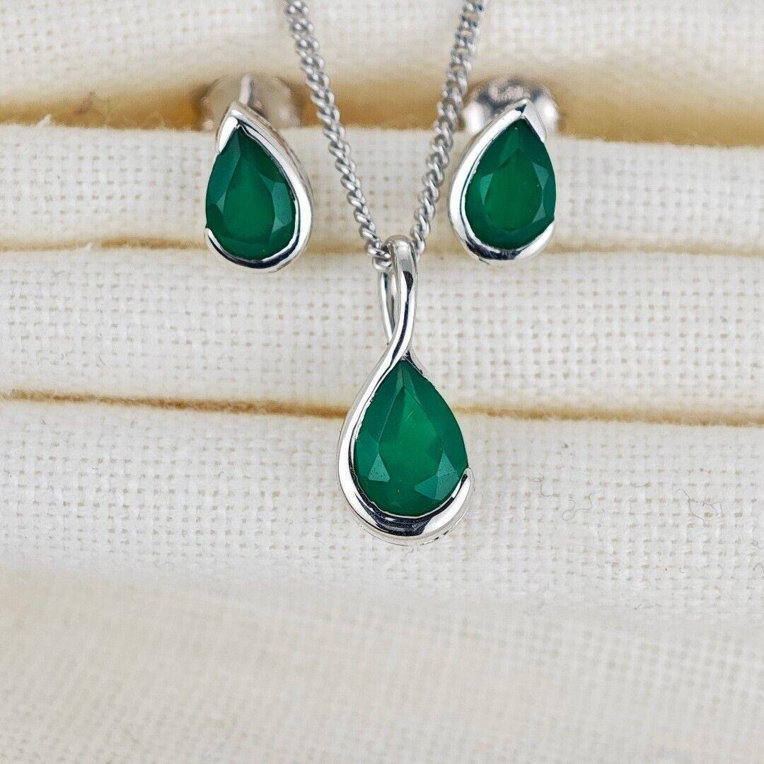 Emerald Green Onyx Set Sterling Silver Flush Studs Necklace Pear ...