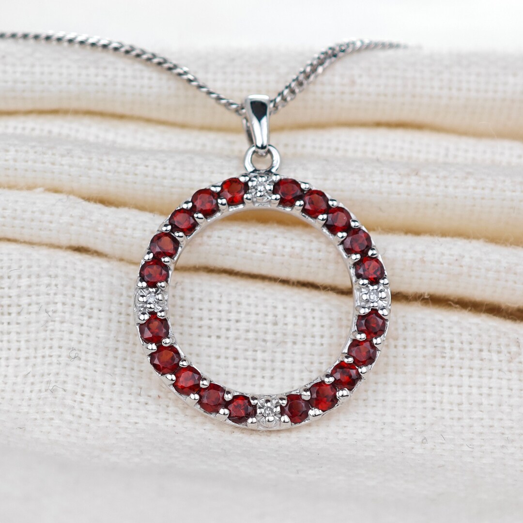 Garnet Necklace, Tiny Diamonds, 1ct Natural Red Gemstone Circle Pendant ...