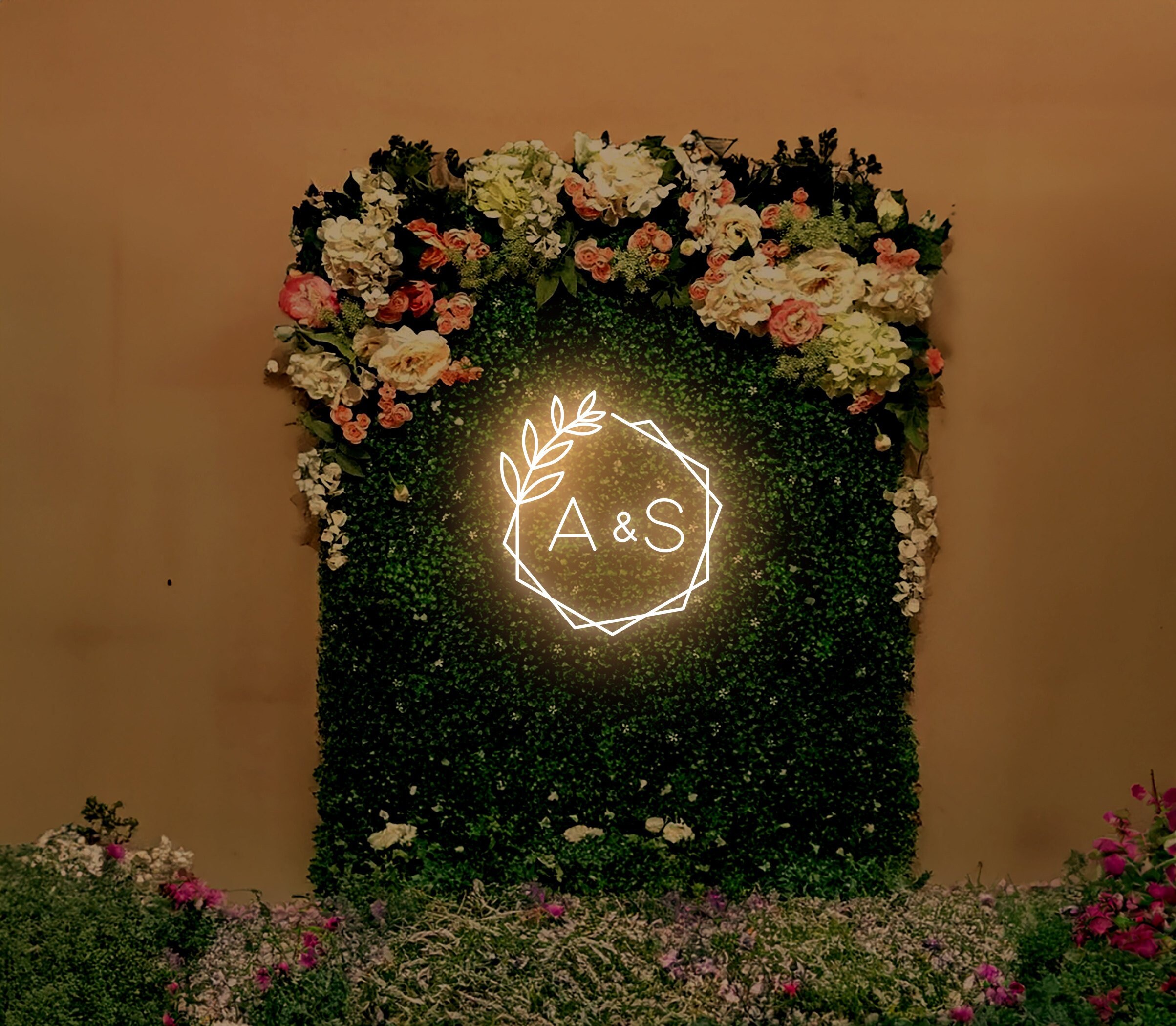 Initials Wedding Neon Sign, Custom Initials With Leafy Neon Light ...