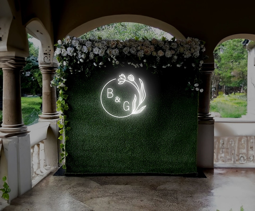 Custom Wedding Initials Neon Sign, Initials With Flower Around Neon ...