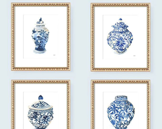 Ginger Jars Watercolor Paintings, Ginger Jar Art Print Set of 4, Blue ...
