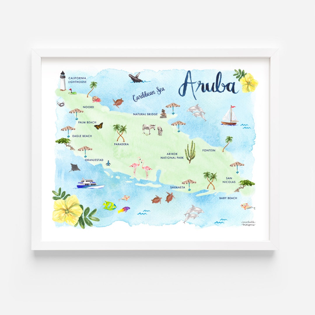 Aruba Map Art Print, Watercolor Aruba Map Painting by Michelle Mospens ...