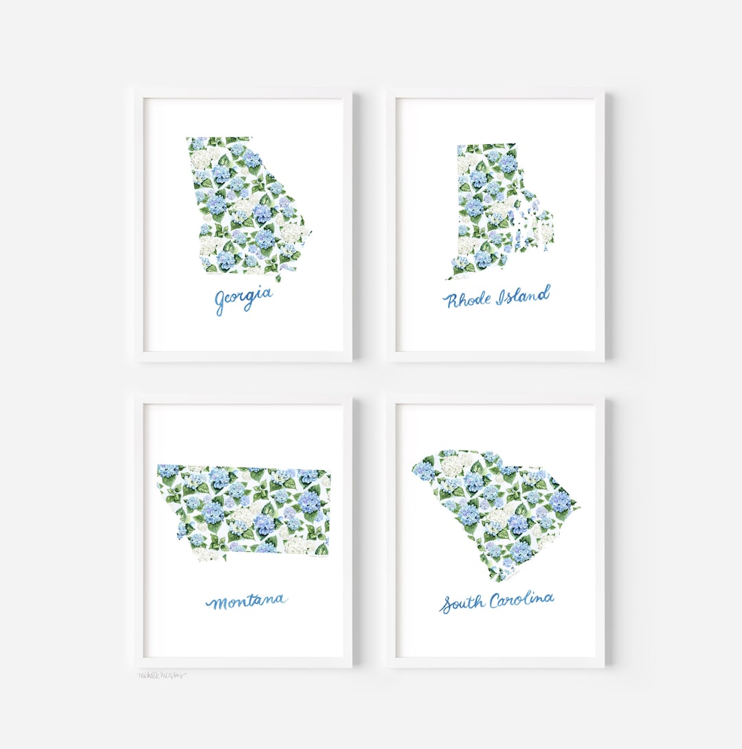 State Prints, Hydrangea State Prints, States Art Prints, Set of 4 ...