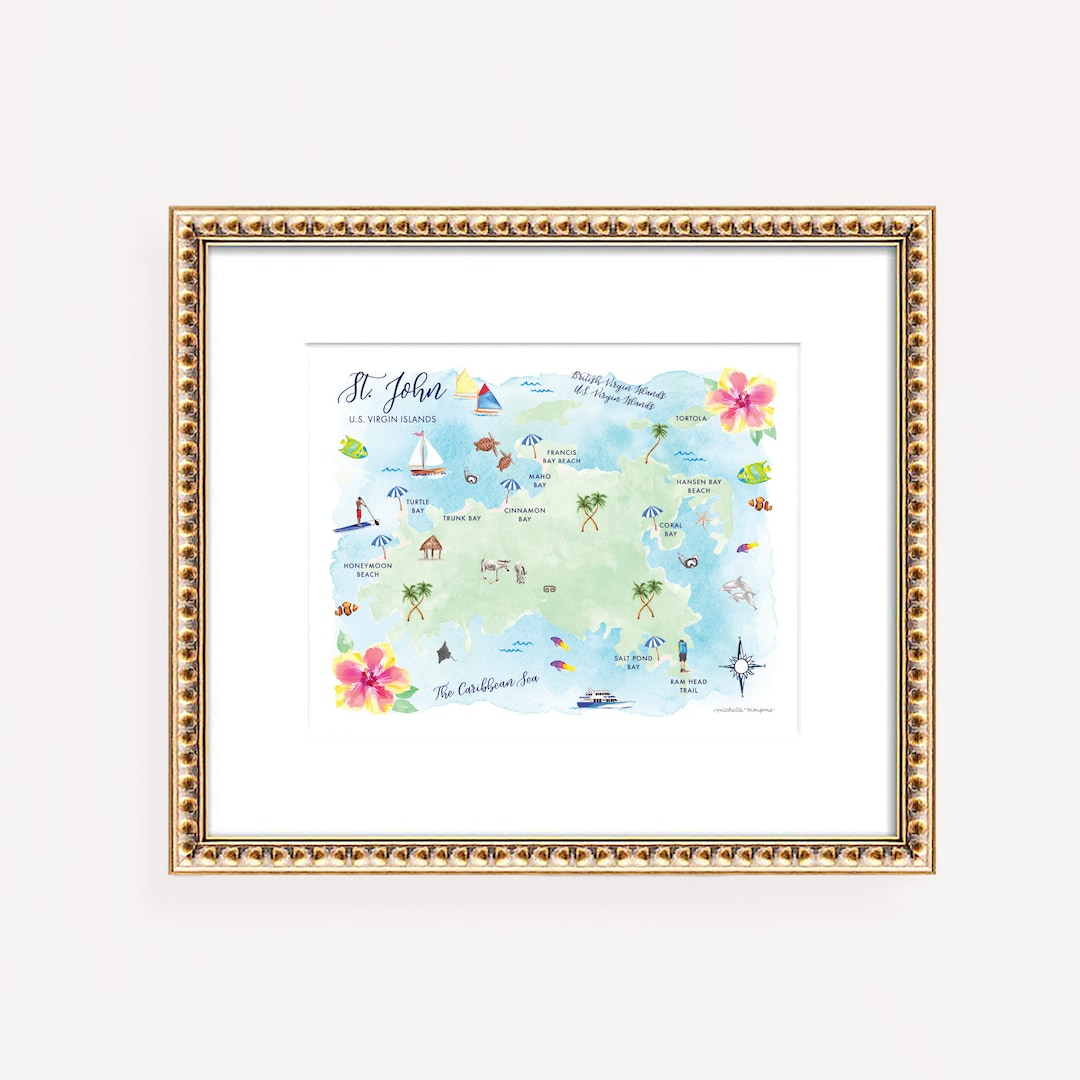 St. John Map Print, St. John U. S. Virgin Islands Print, St. John Wall ...