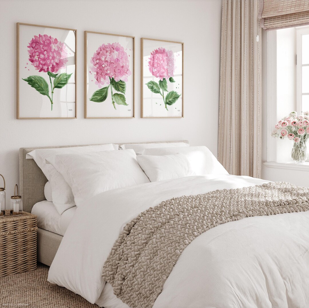 Hydrangea Prints, Pink Floral Prints, 3 Piece Hydrangea Wall Art ...