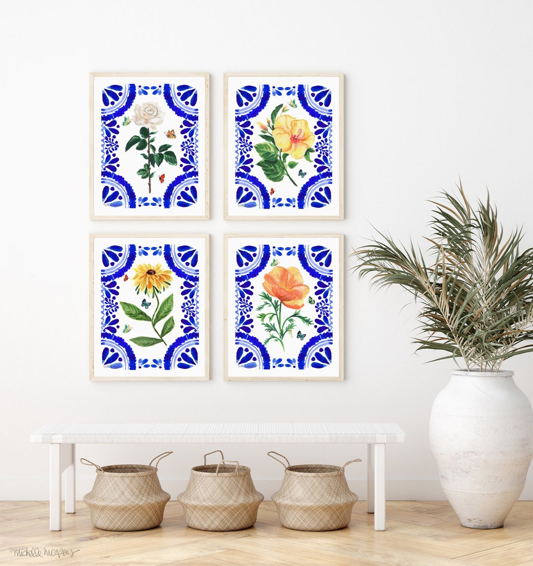 Spanish Tile Art, Blue Pattern Tile Print, Moroccan Tile Art, Set of 4 ...