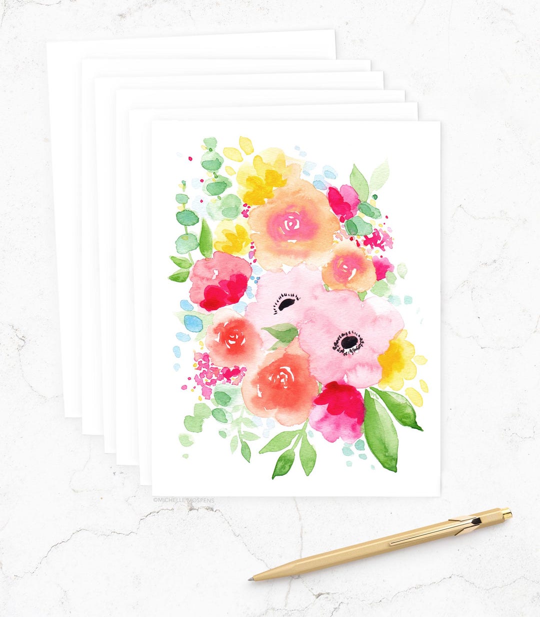 Cute Floral Note Cards, Watercolor Flowers Note Card Set, Floral ...