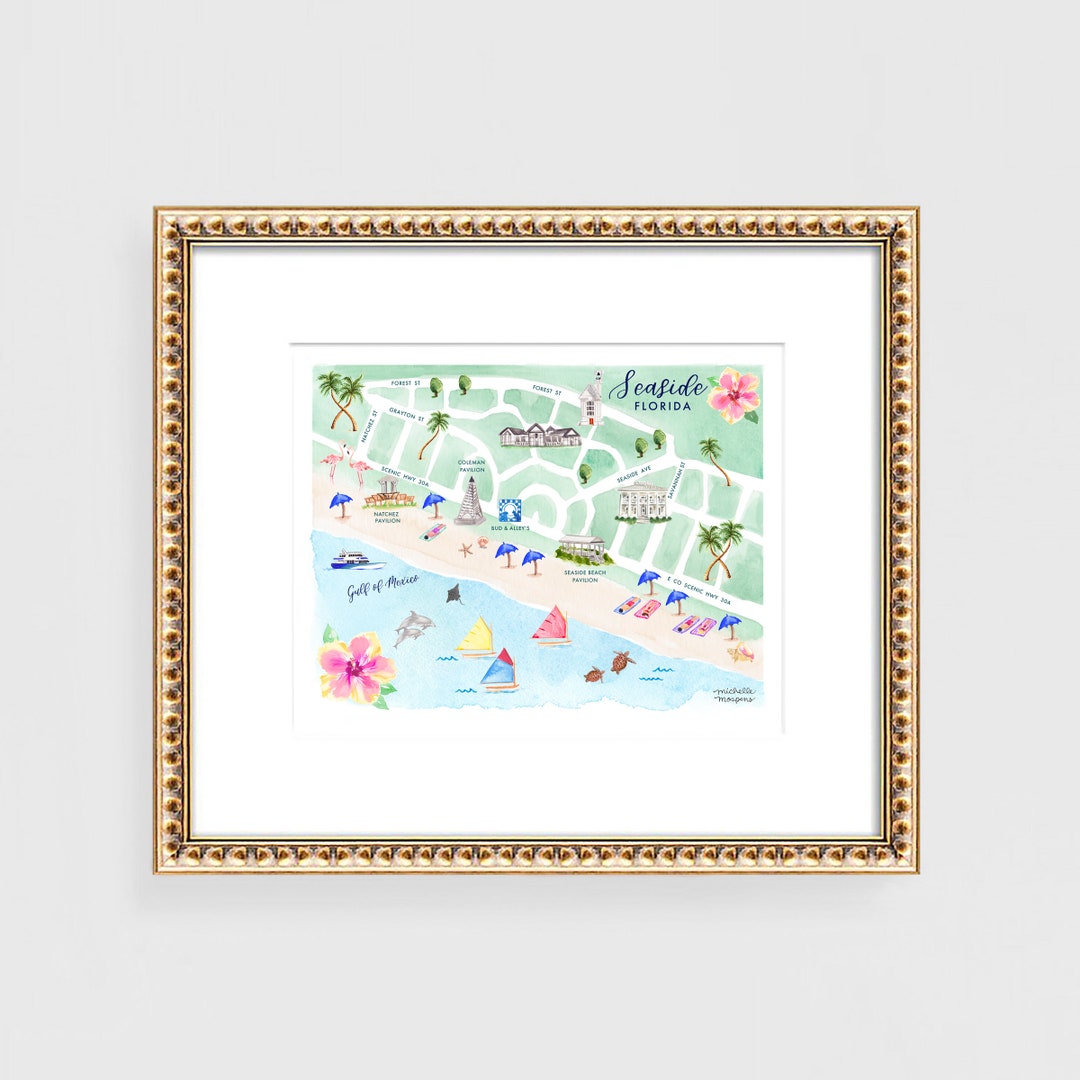 Seaside Art, Original Seaside Florida Map Art Print, Seaside FL Art ...