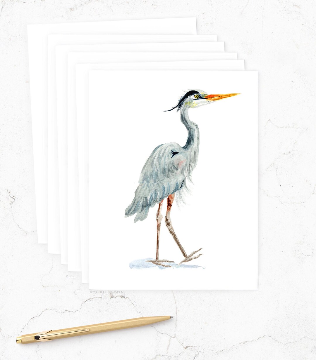 Set of Illustrated Heron Bird Note Cards: Coastal Watercolor Heron ...