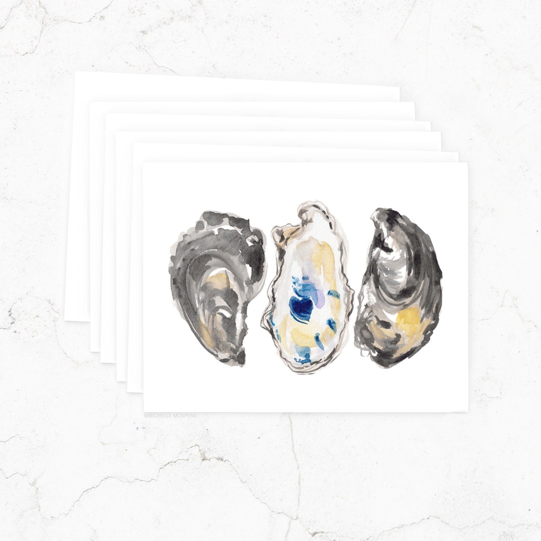 Set of Illustrated Oyster Note Cards: Seaside Watercolor Oyster Shells ...