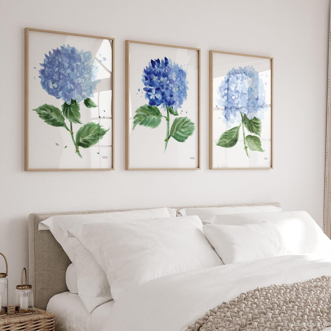 Hydrangea Print Set of 3, Floral Wall Art, Gallery Wall Set, Botanical ...