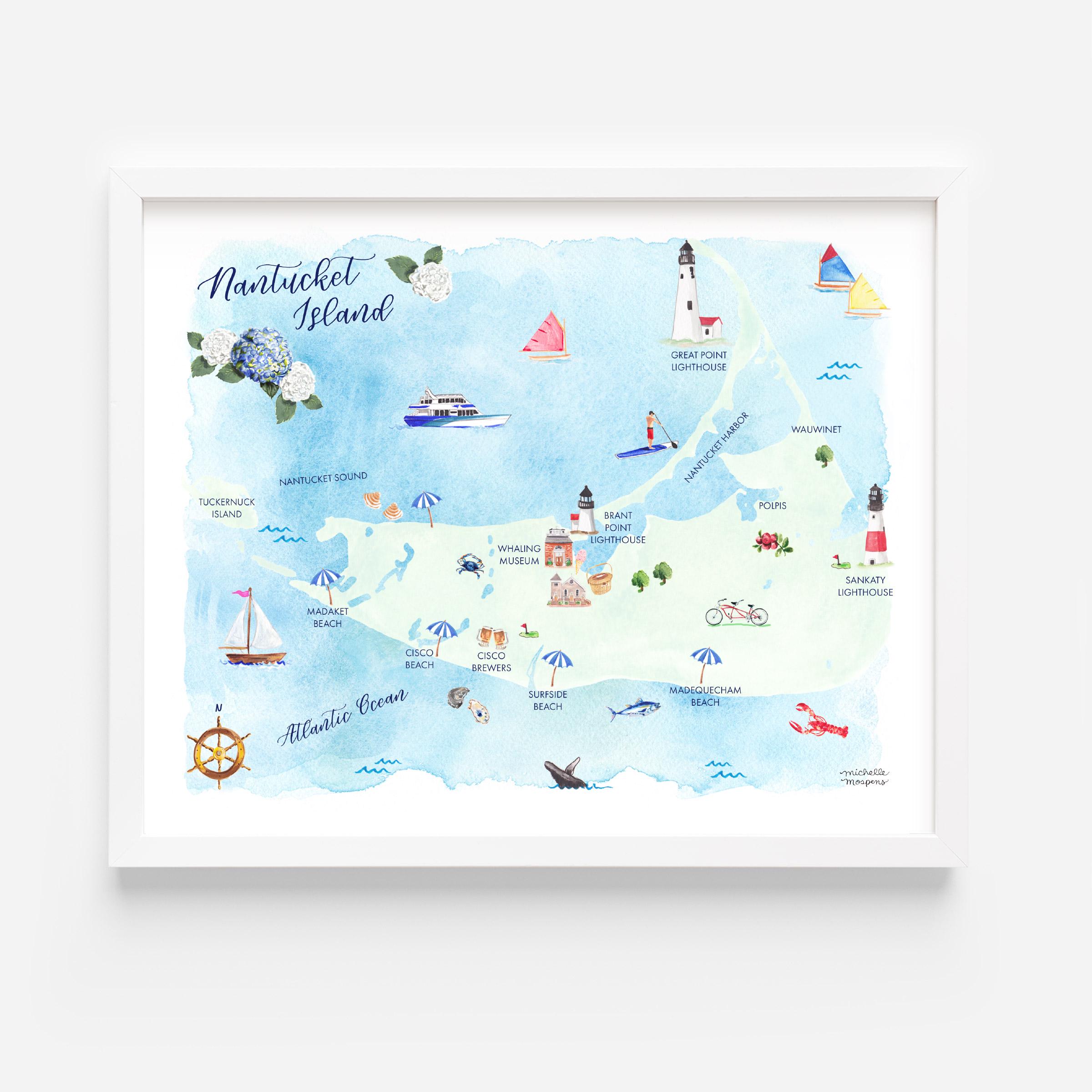 Nantucket Print, Nantucket Map Art, Nantucket Watercolor, Nantucket Art ...