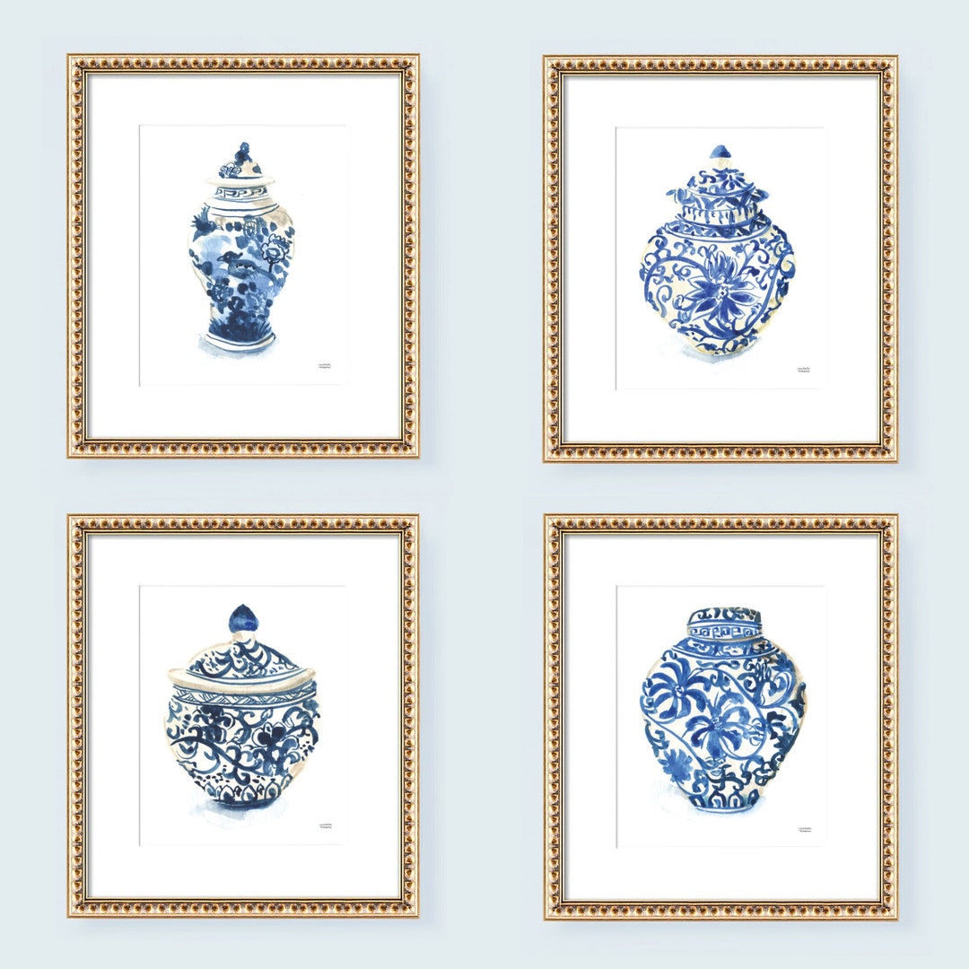 Ginger Jars Watercolor Paintings, Ginger Jar Art Print Set of 4, Blue ...