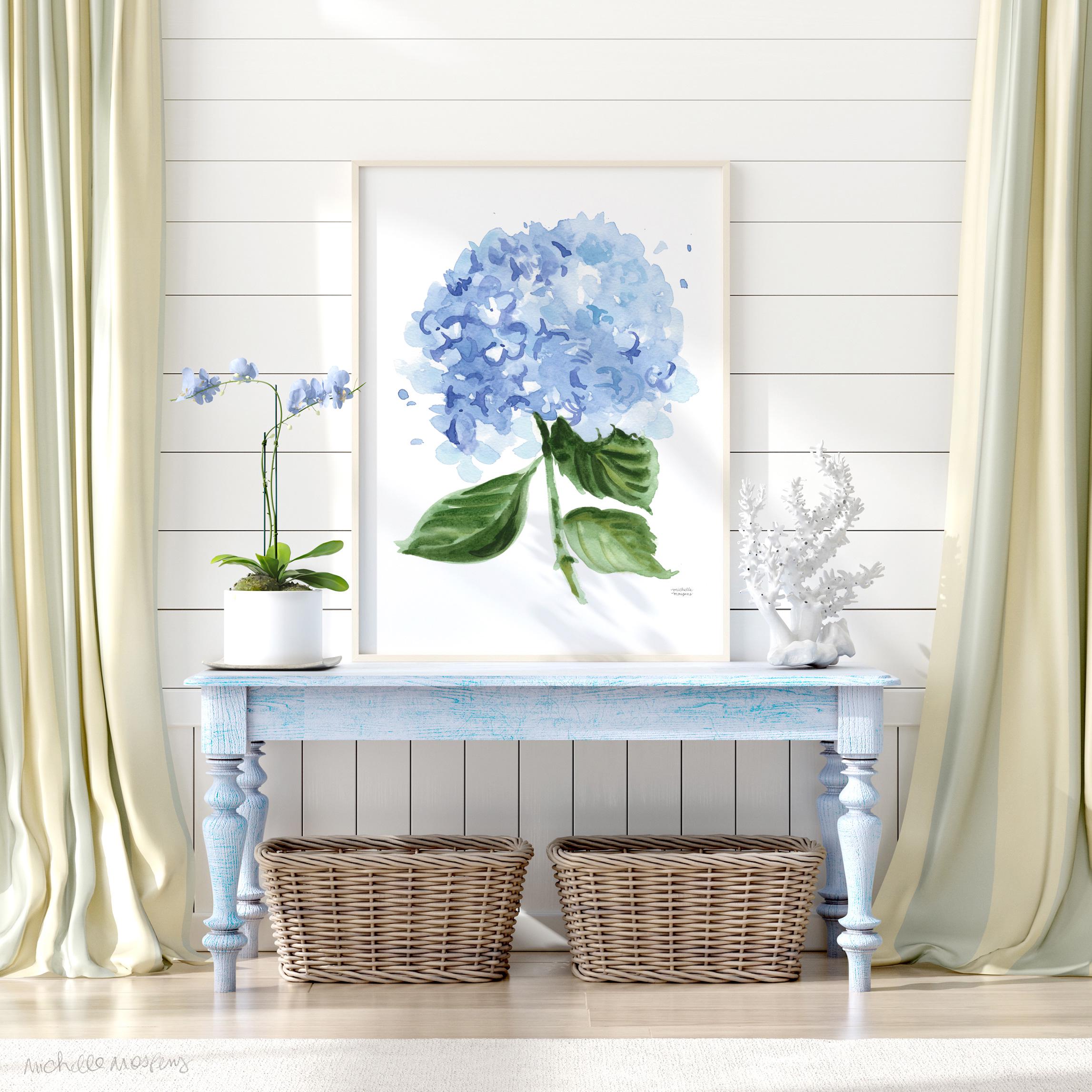 Blue Hydrangea Art Print, Botanical Flower Watercolor Painting by ...