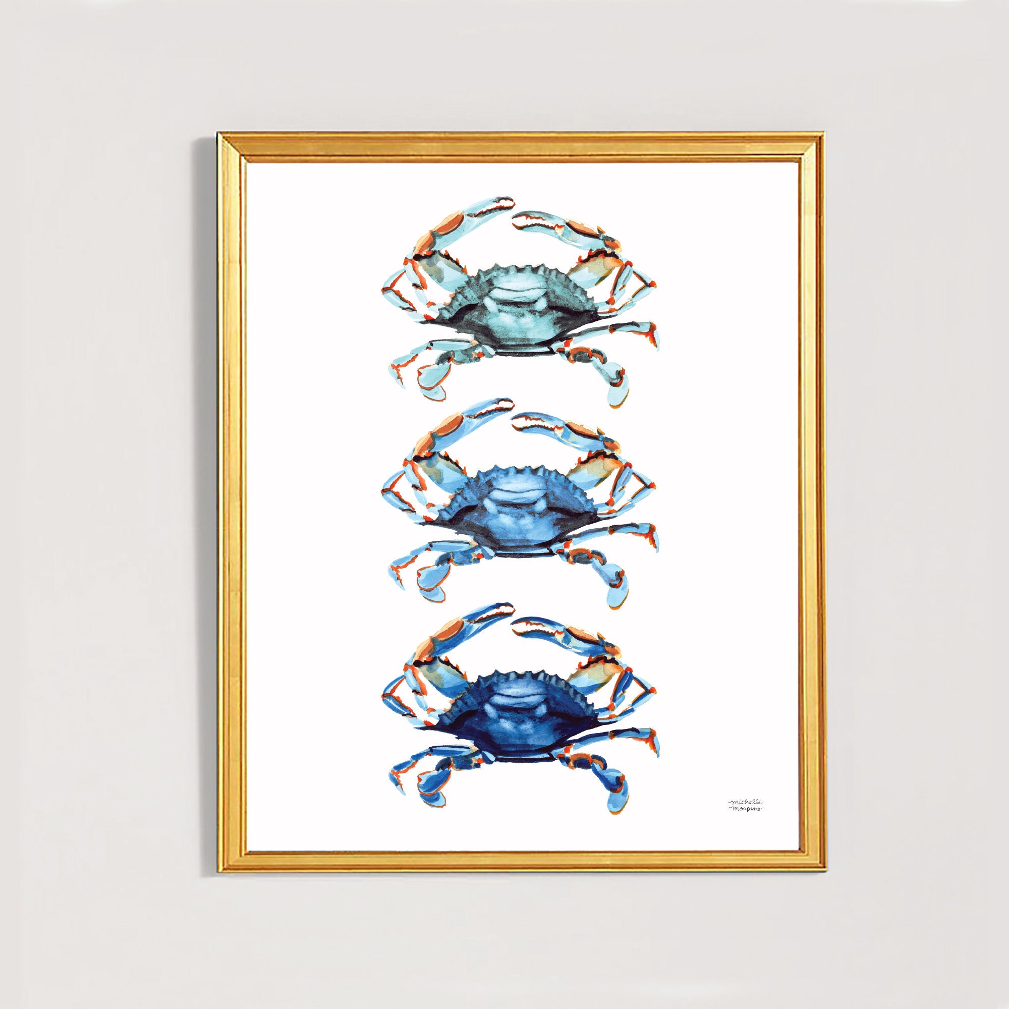 Blue Crabs Print Watercolor Painting Nautical Coastal Beach Art Seaside ...