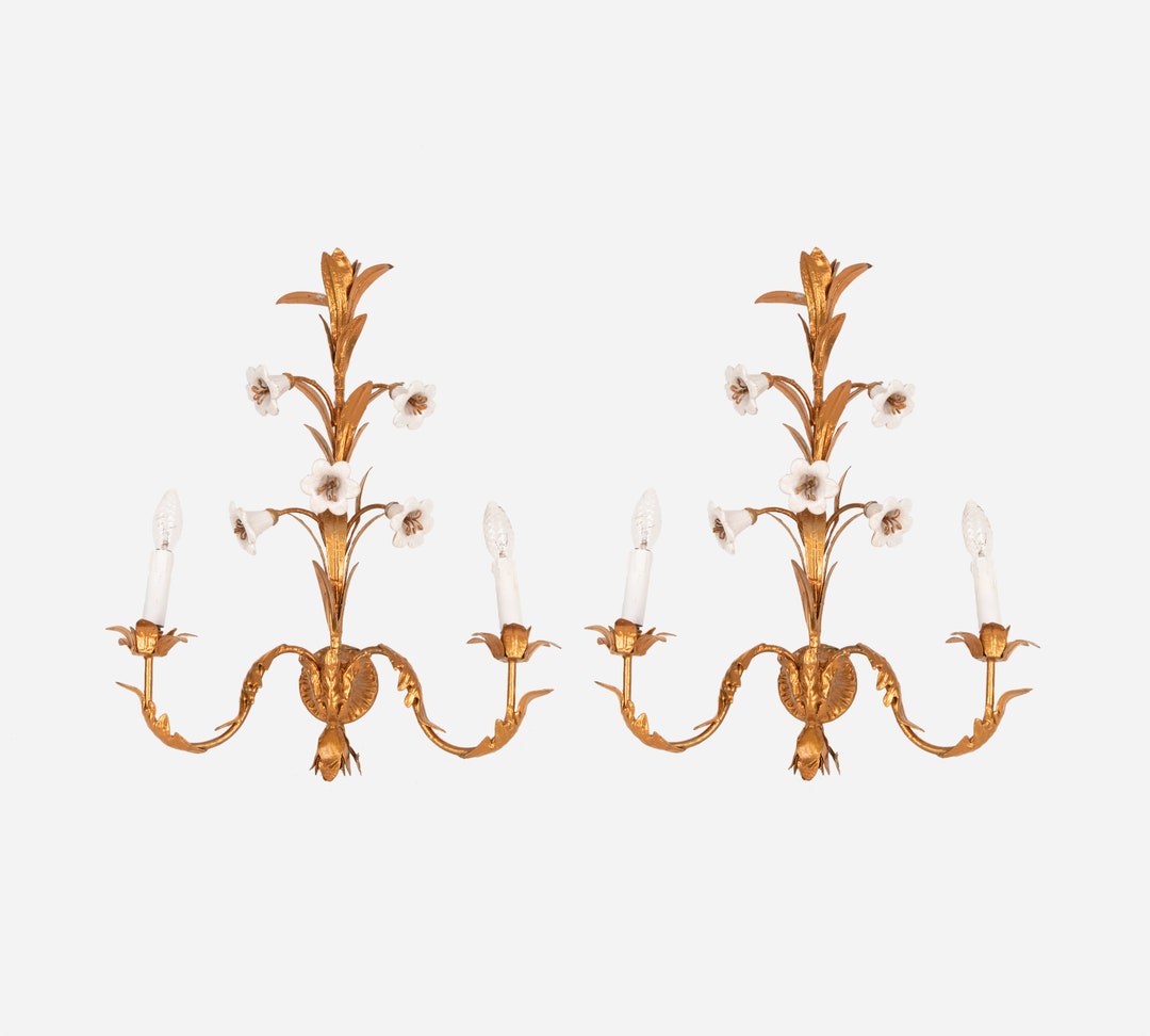 Large Gold Italian Wall Sconces With Porcelain Paste Flowers Set of Two ...